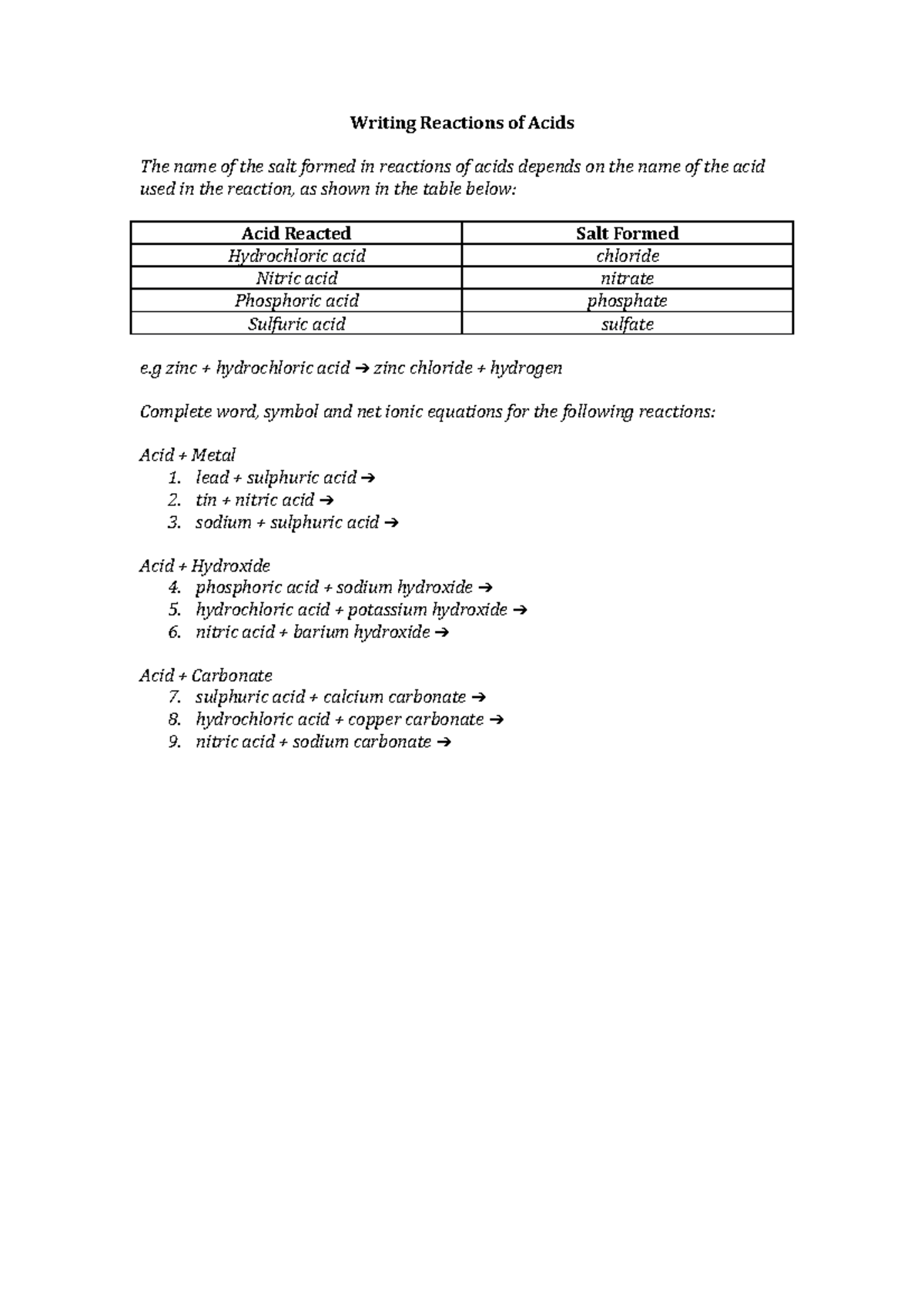 009 Writing Reactions of Acids - Writing Reactions of Acids The name of ...
