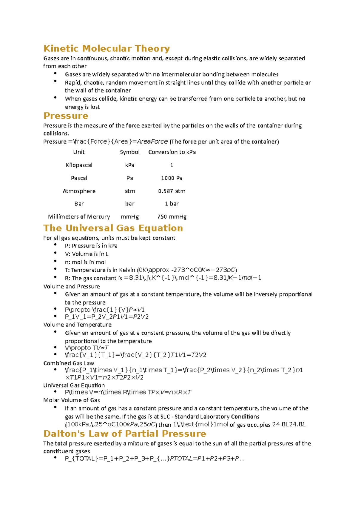 Gases - week 7 - Kinetic Molecular Theory Gases are in continuous ...