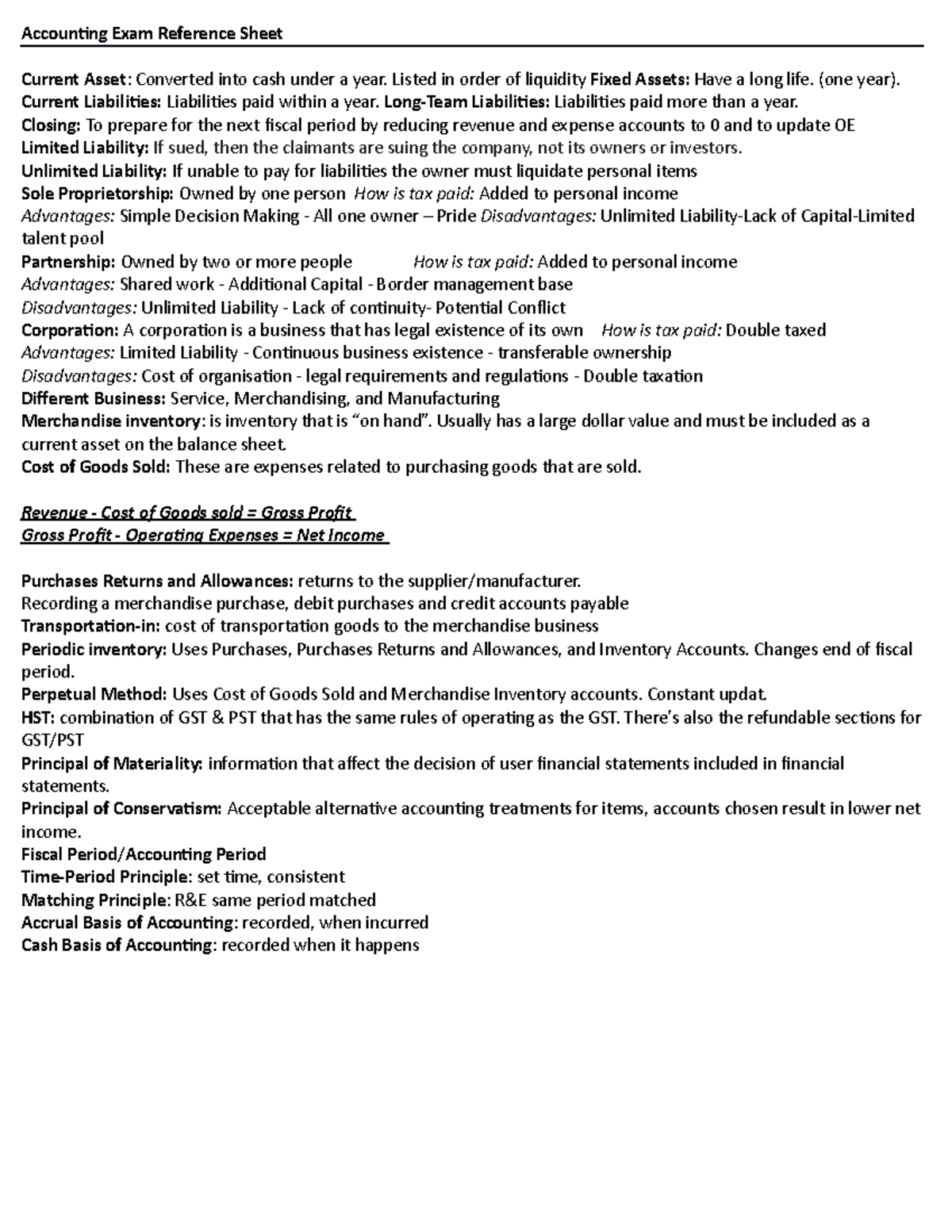 Accounting Exam Reference Sheet - Accounting Exam Reference Sheet ...