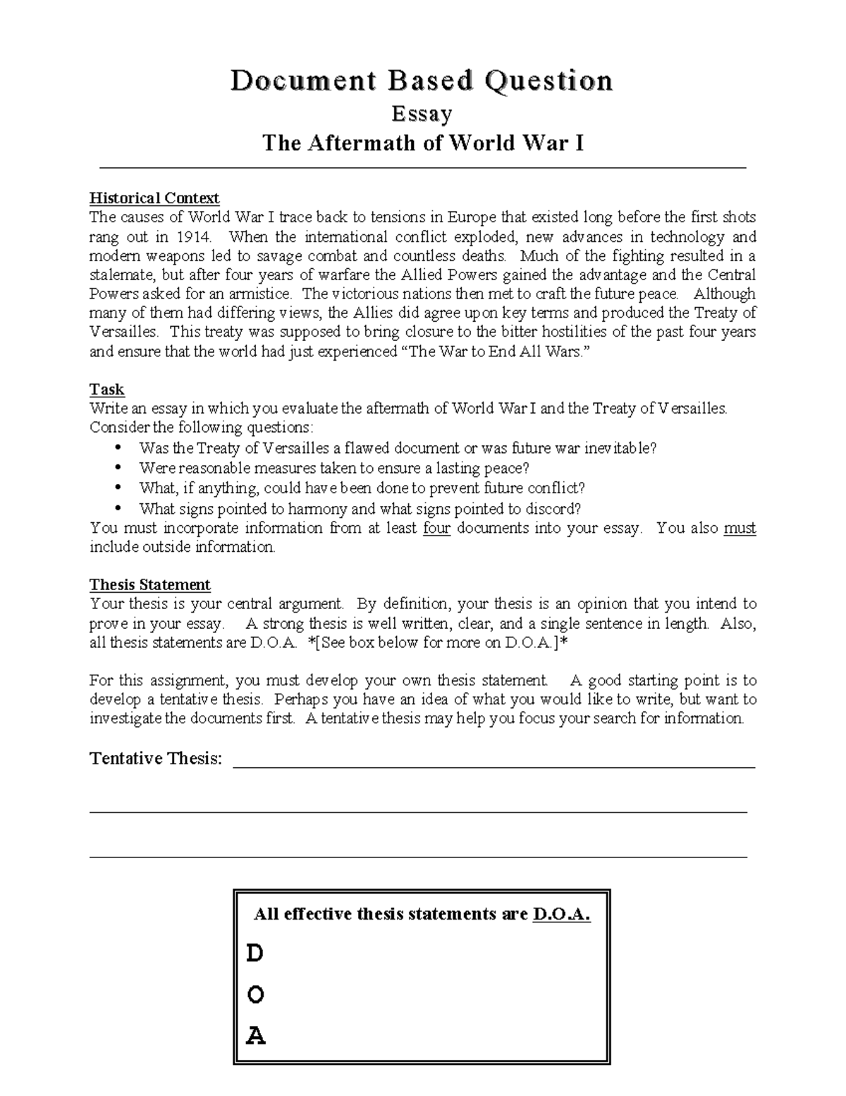 WW I DBQ Combined - Summary Introduction to World History II - Document ...