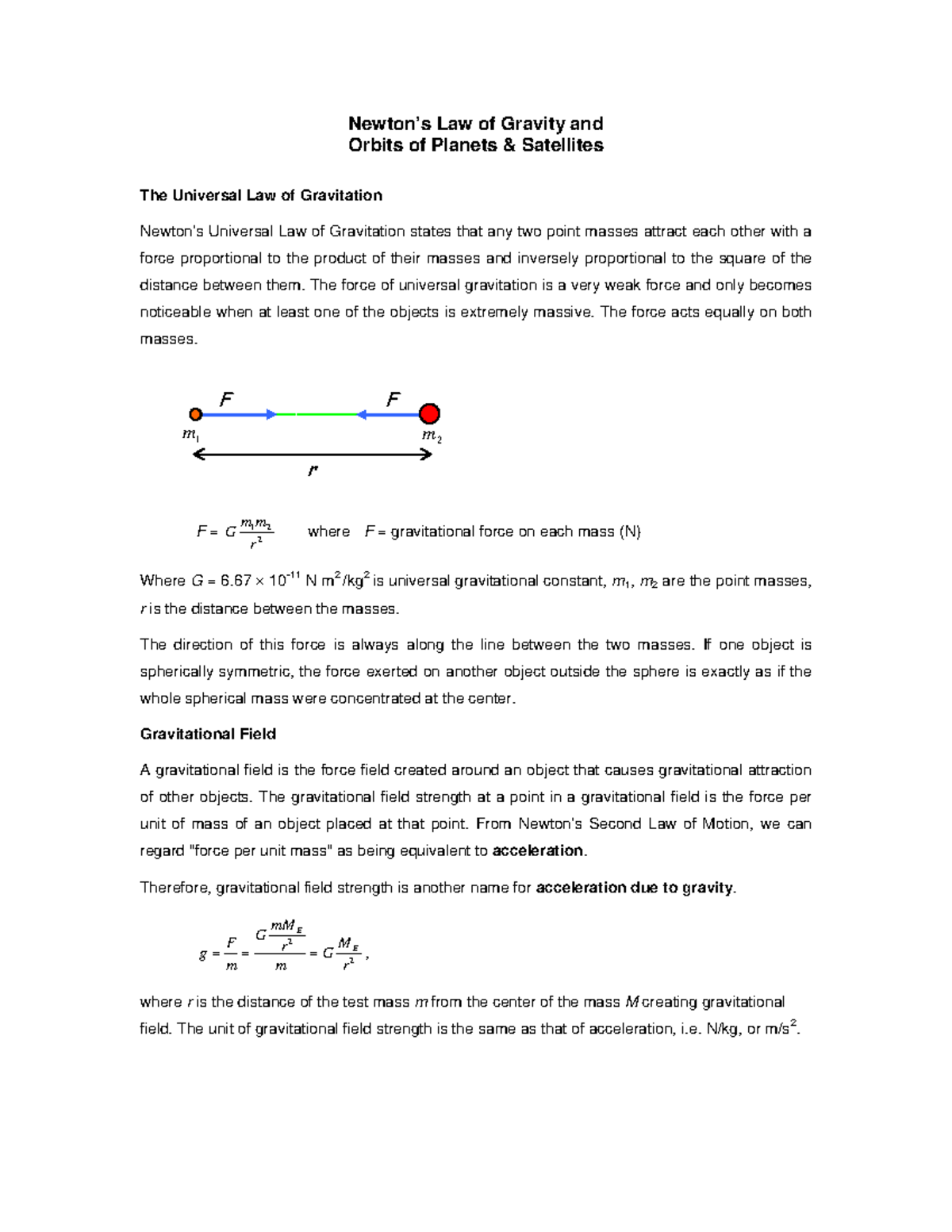 Lesson 15-16studysheet-2 - Newton’s Law of Gravity and Orbits of ...