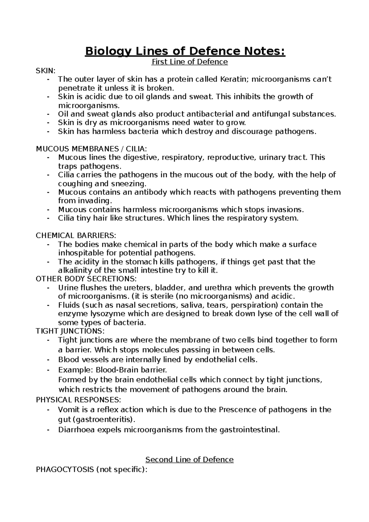 Biology Lines of Defence Notes - Biology Lines of Defence Notes: First ...