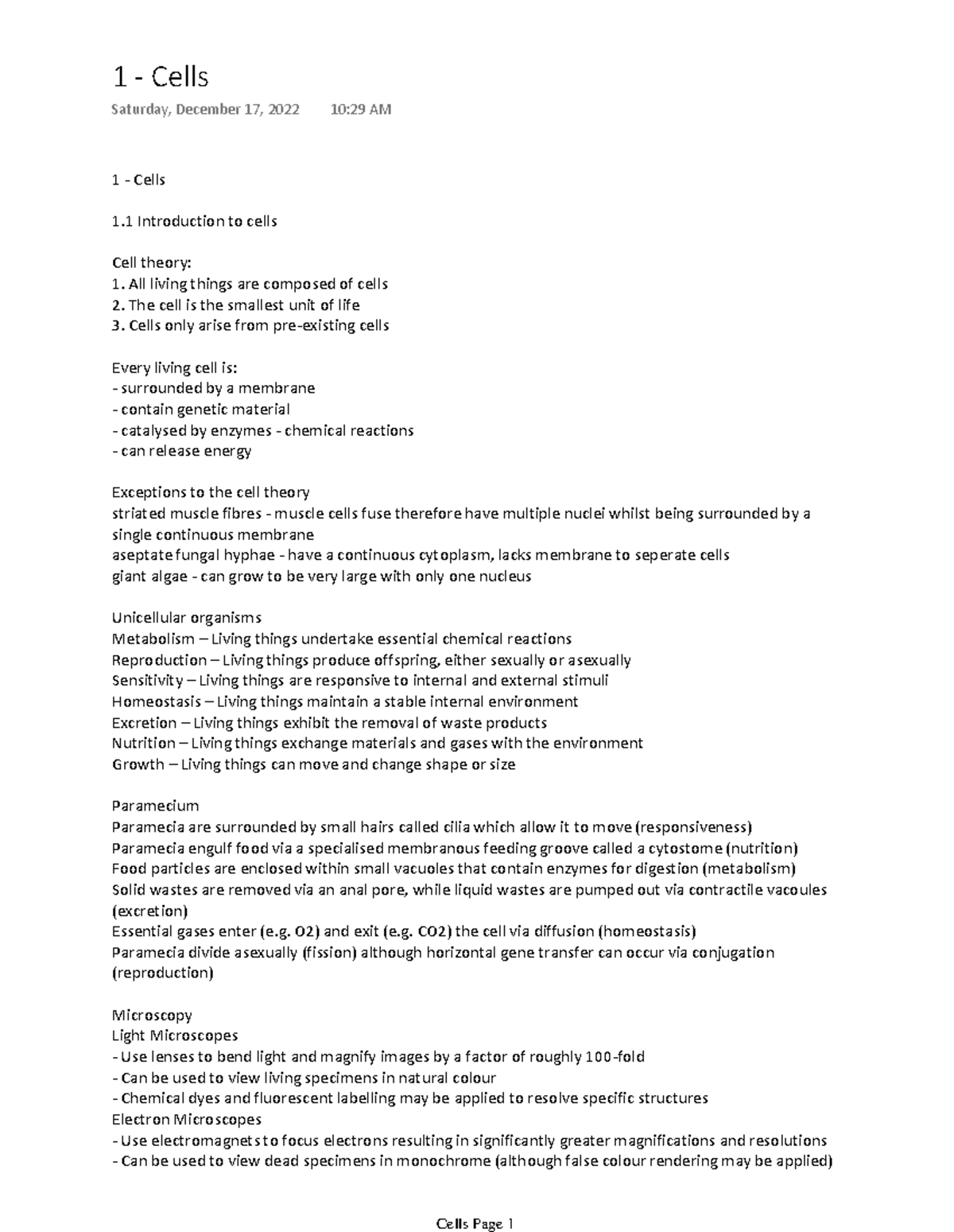 Cells - Summary of lecture - 1 - Cells 1 Introduction to cells Cell ...