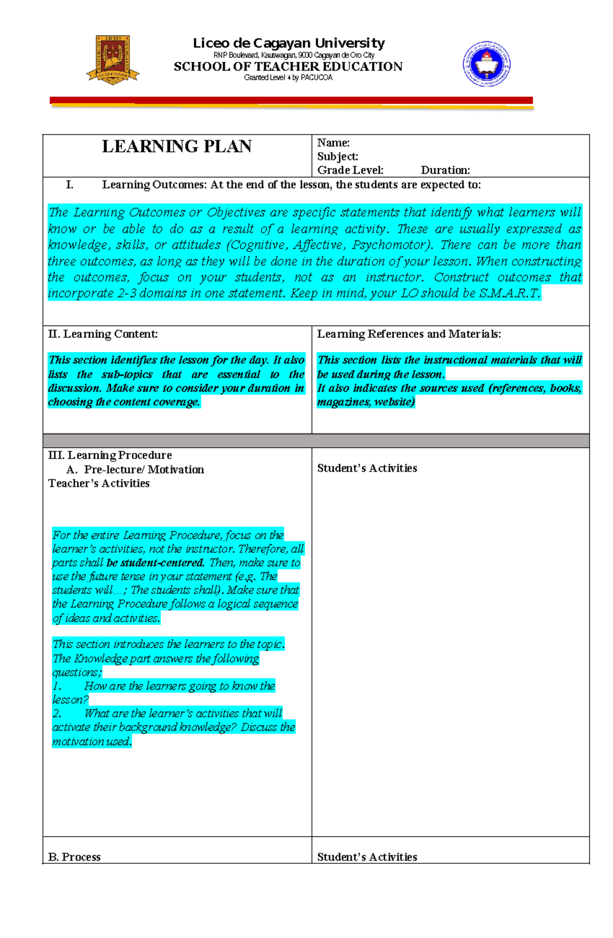 Learning Plan Format with description - Liceo de Cagayan University RNP ...