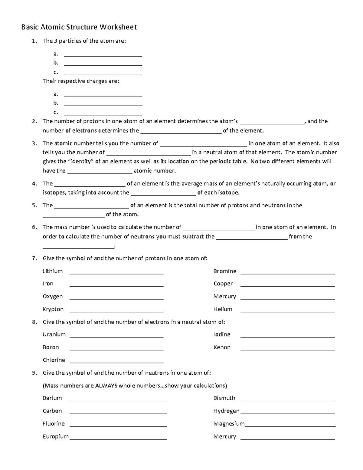 Basic Atomic Structure Worksheet - ________________________ b ...