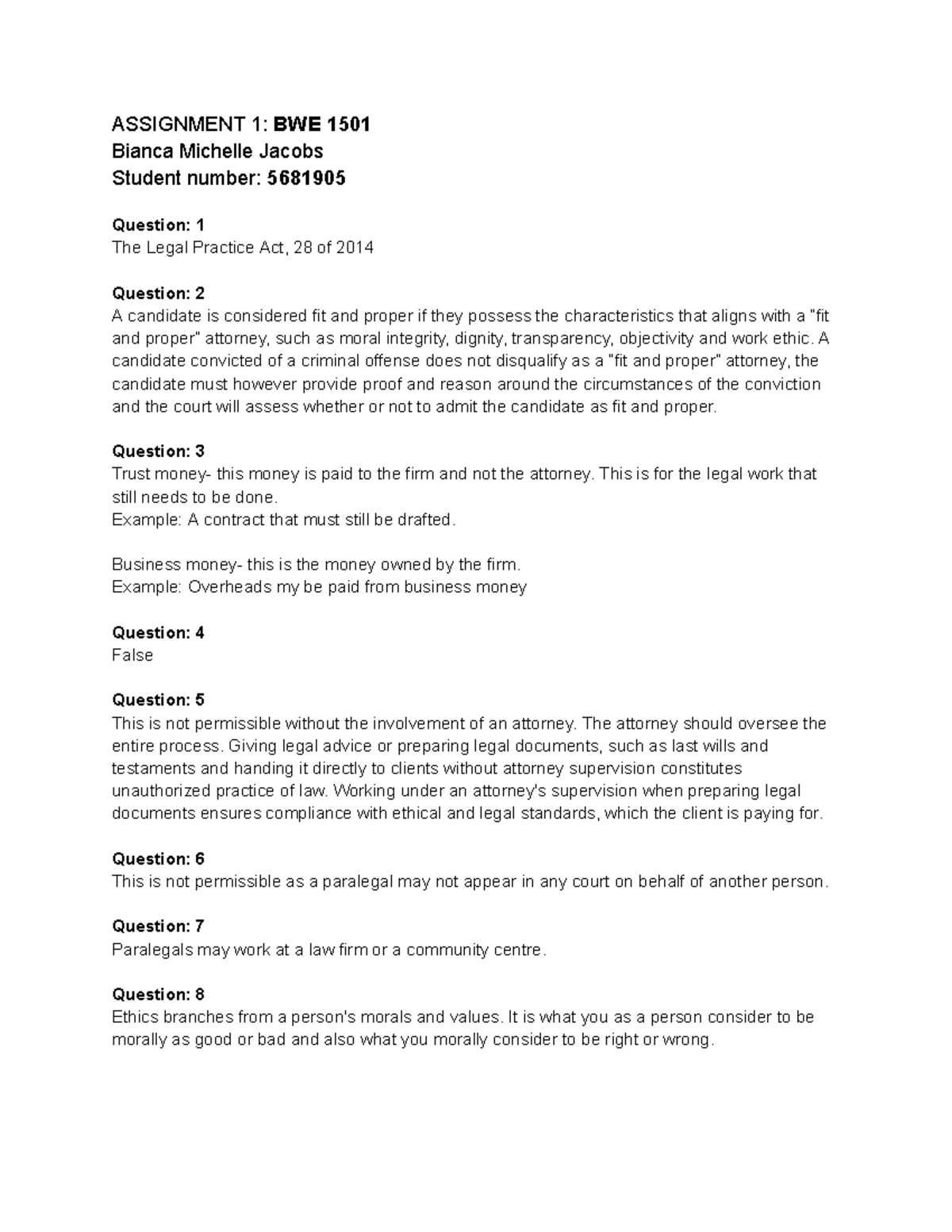 Assignment 1 BWE 1501 - ASSIGNMENT 1: BWE 1501 Bianca Michelle Jacobs ...