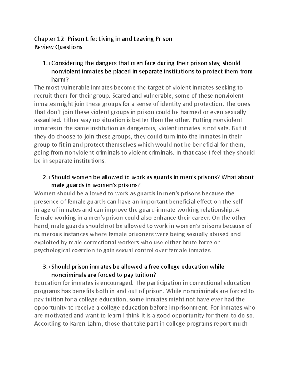 Chapter 12 intro to cj homework questions - Chapter 12: Prison Life ...