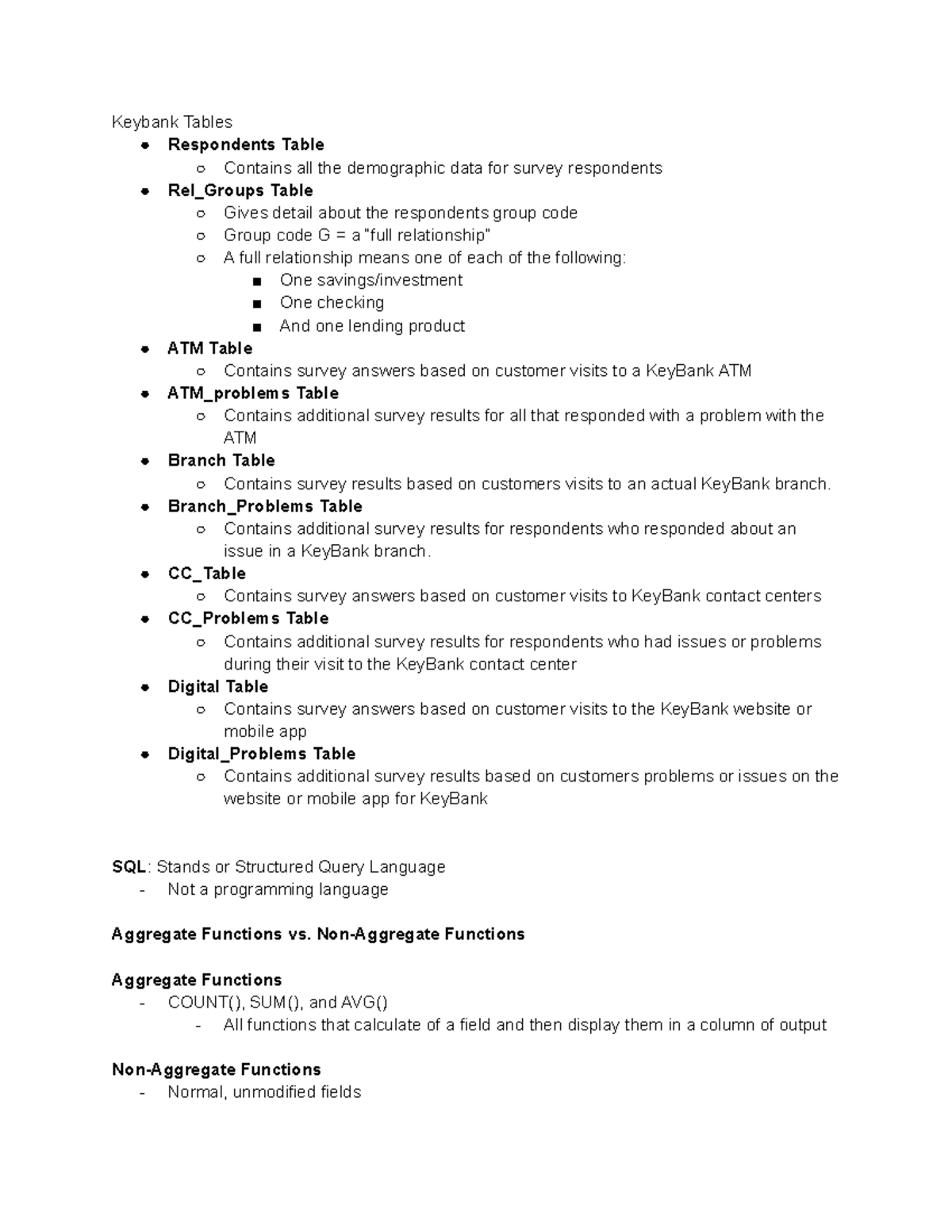 SQL Review - Keybank Tables Respondents Table Contains all the ...