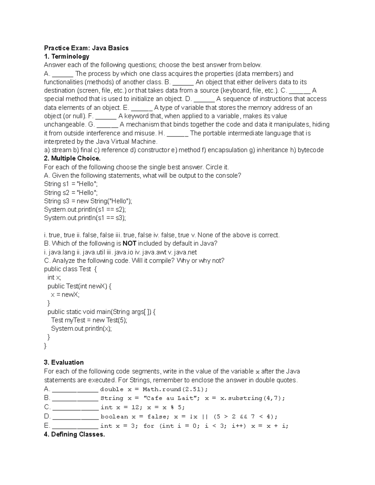 Exam Reveiw ECE 422C - Exam review for 422C - Practice Exam: Java ...
