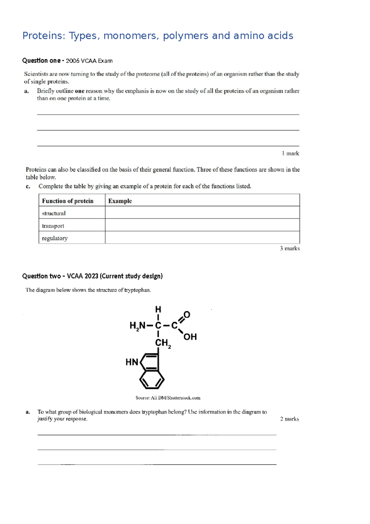 VCAA Intro to protein mixed Qs - Proteins: Types, monomers, polymers and amino acids Question ...