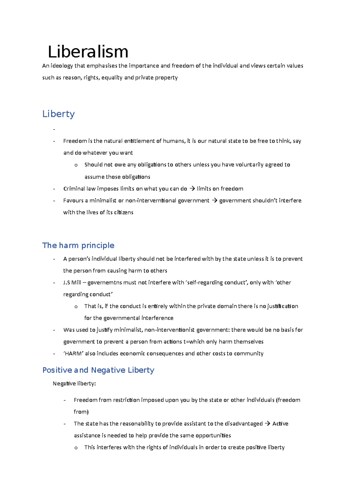 Liberalism - Notes - Liberalism An ideology that emphasises the ...