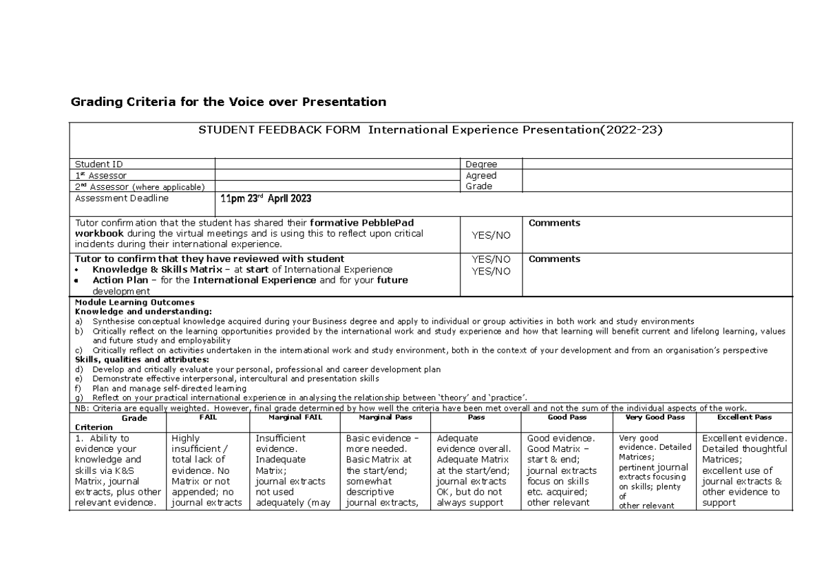 Grading Matrix for IE 2022-23 - Grading Criteria for the Voice over ...