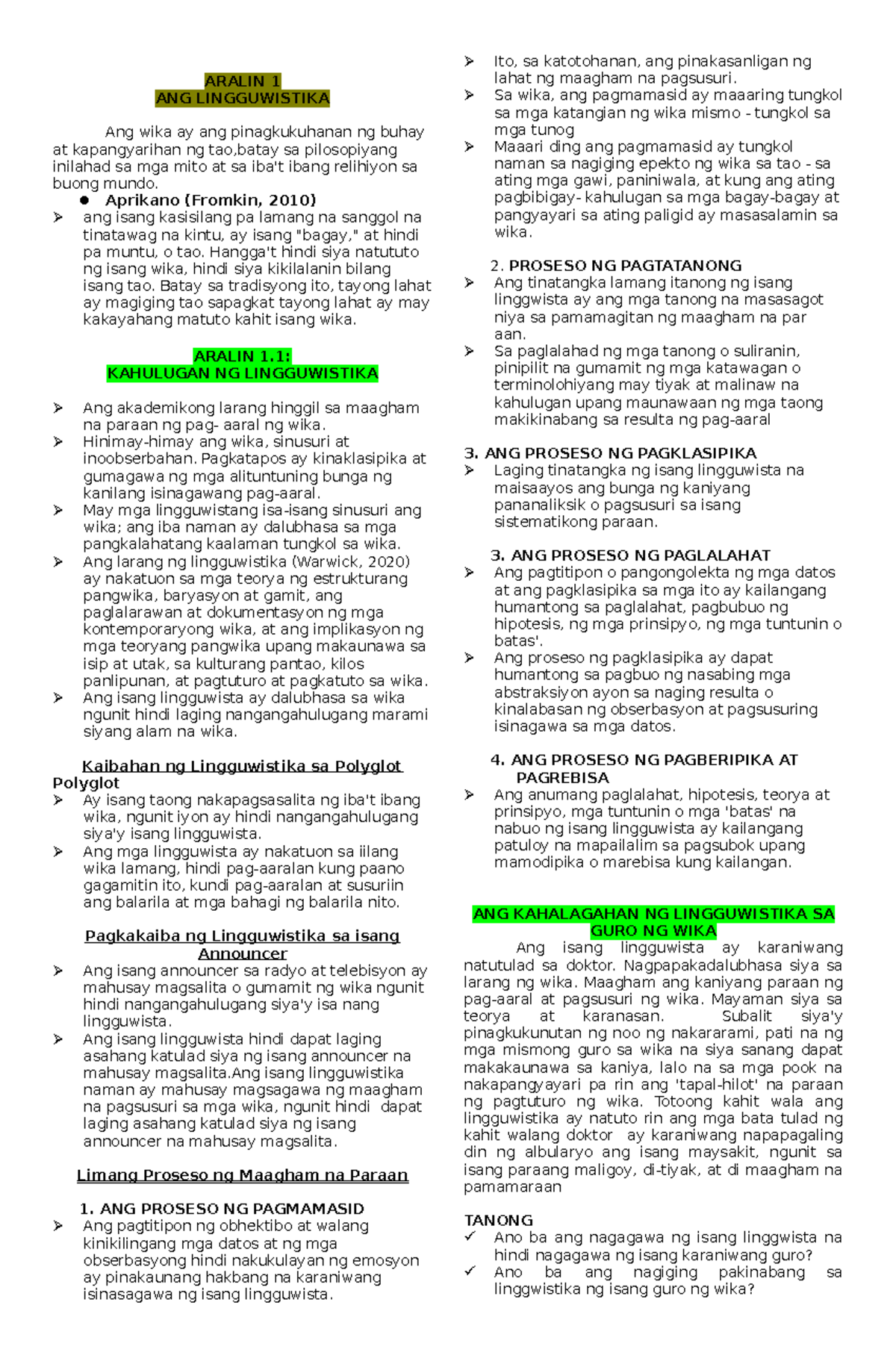Pangkat-1-handouts - CUTE - ARALIN 1 ANG LINGGUWISTIKA Ang wika ay ang ...