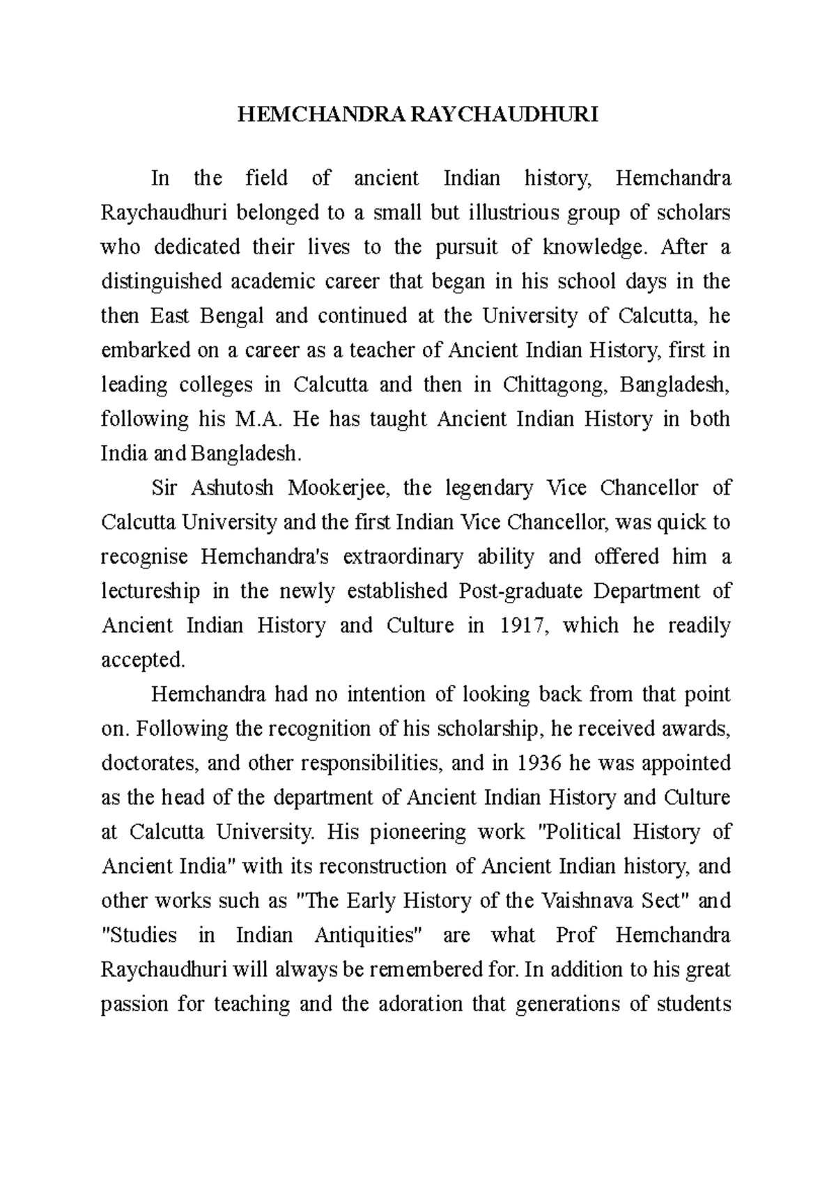 Hemchandra Raychaudhuri - HEMCHANDRA RAYCHAUDHURI In the field of ...