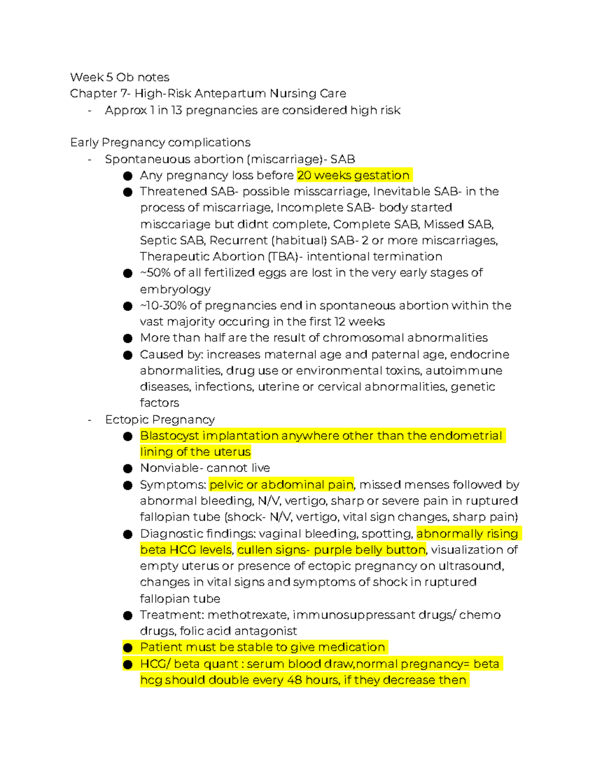 Week 5 Ob notes - Prof Sharma - Week 5 Ob notes Chapter 7- High-Risk ...