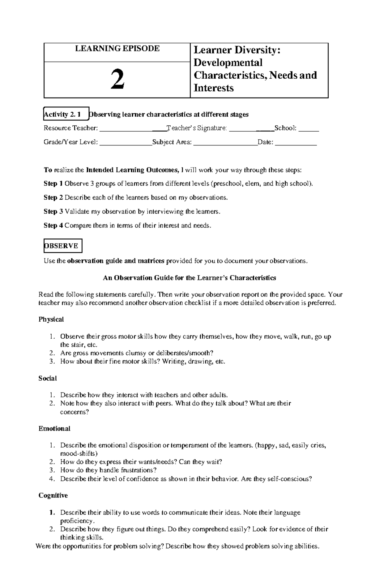 FS 1 Learning Episode 2 - This is educational purposes only. - LEARNING ...