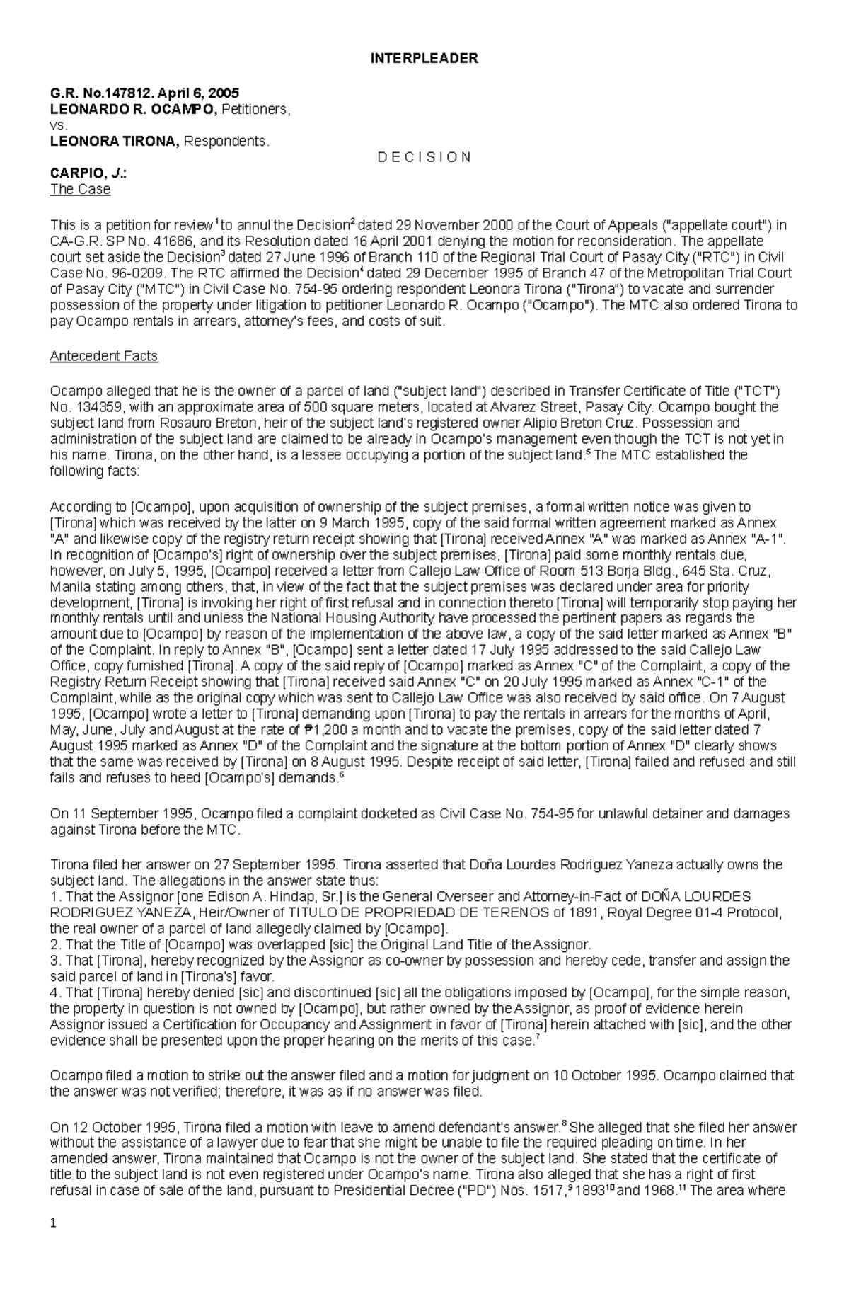 Interpleader - notes in special civil - INTERPLEADER G. No. April 6 ...