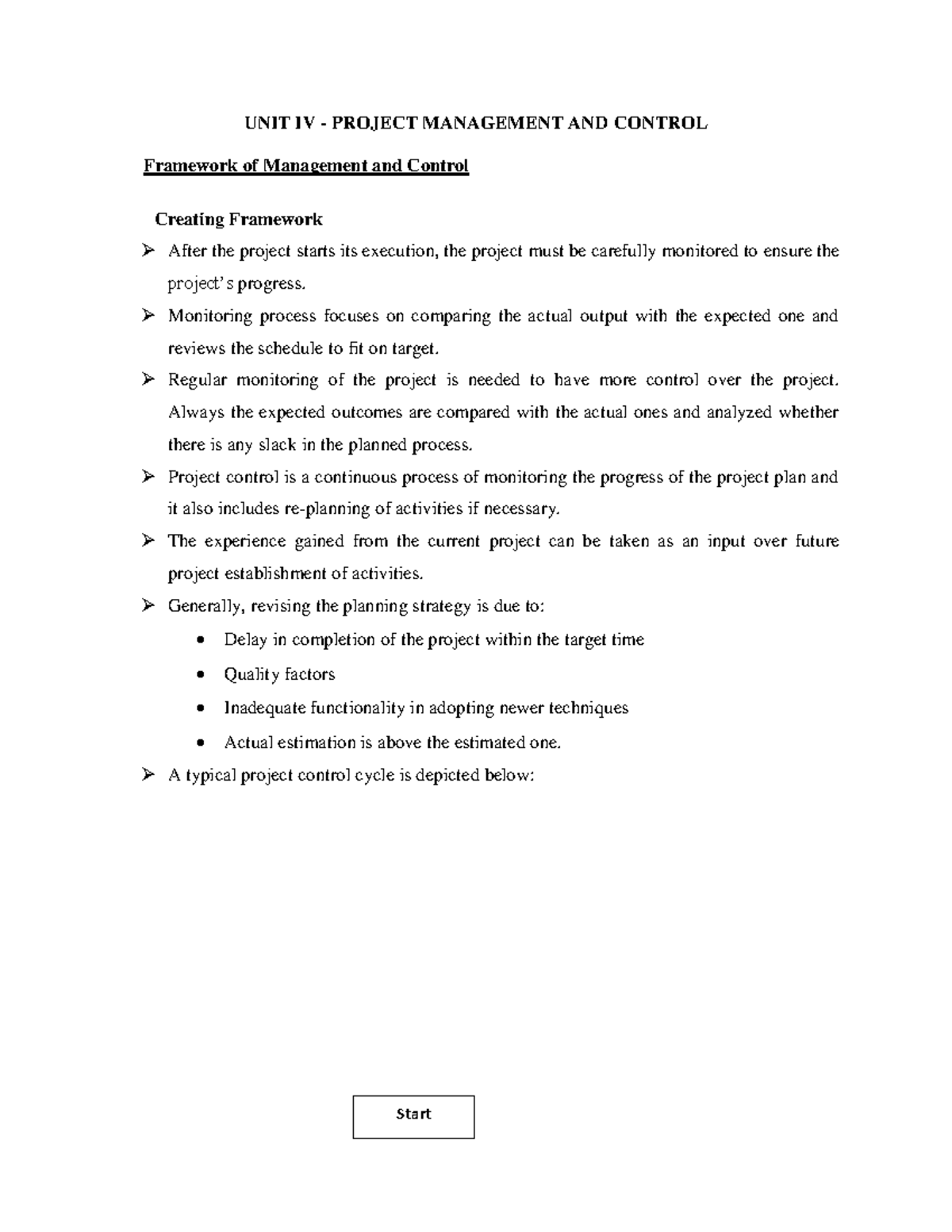 SPM UNIT 4 - Start UNIT IV - PROJECT MANAGEMENT AND CONTROL Framework of Management and Control ...