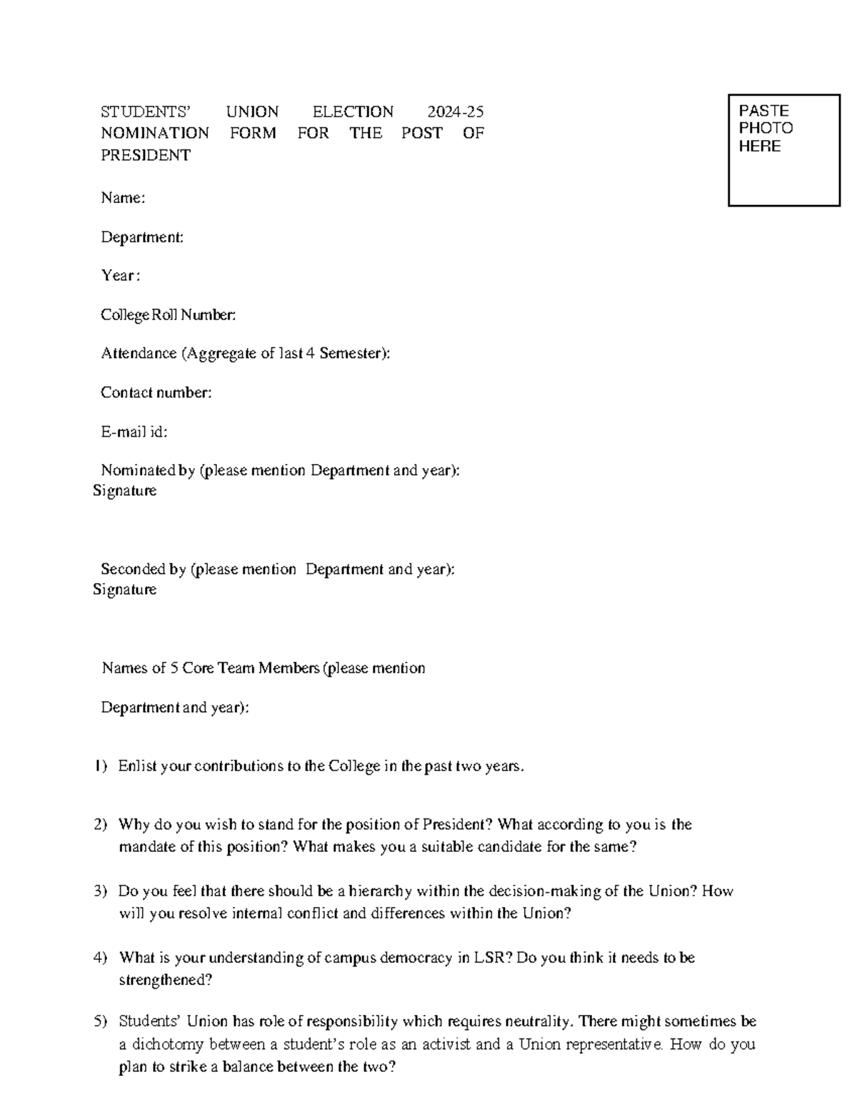 President Nomination FORM- 2024-25 - STUDENTS’ UNION ELECTION 2024 - 25 ...