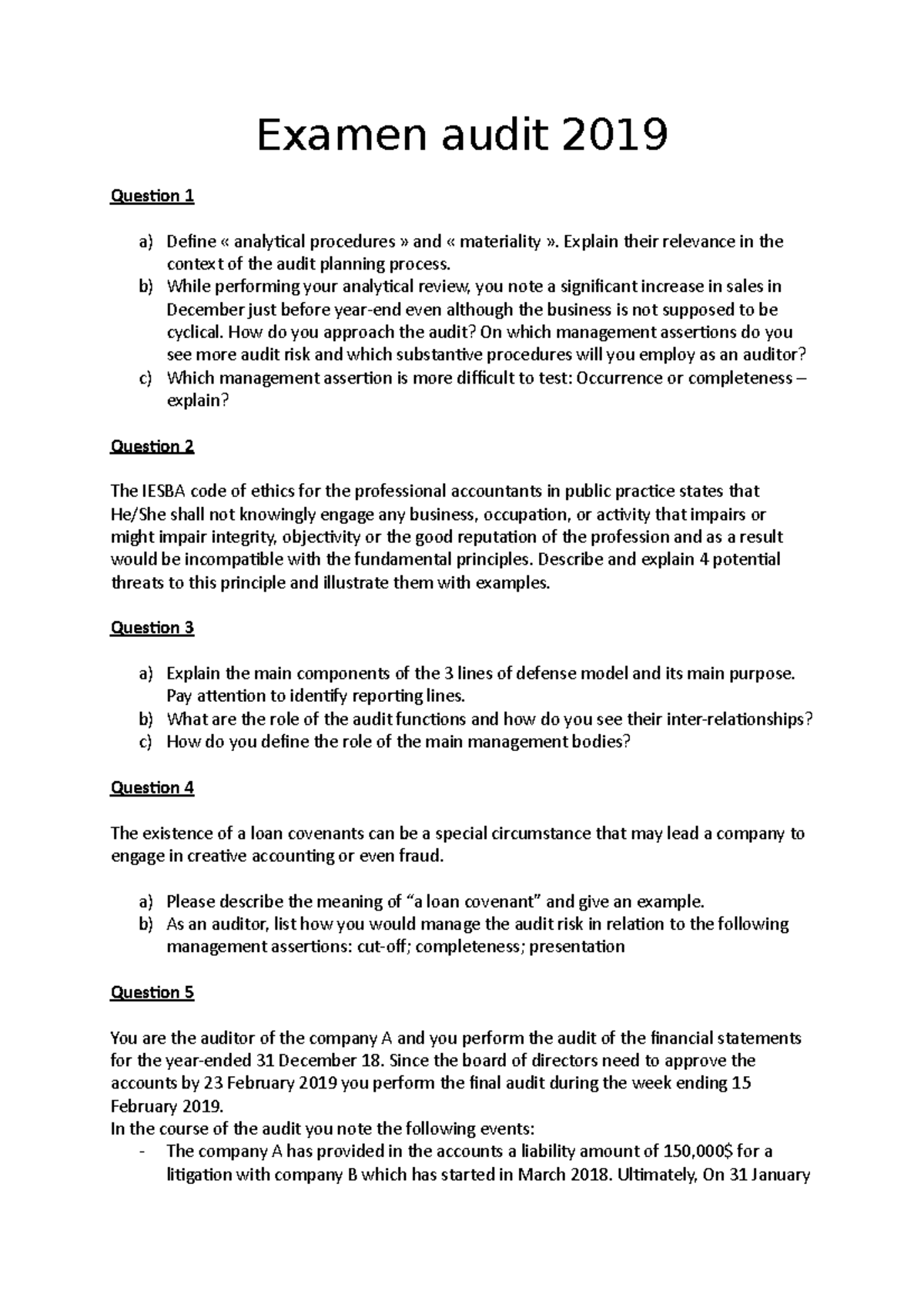 Examen-audit-2019 - Audit exam 2019 - Examen audit 2019 Question 1 a ...