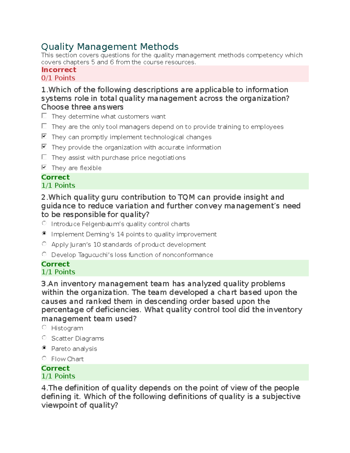 PRactice Test - Notes - Quality Management Methods This section covers ...