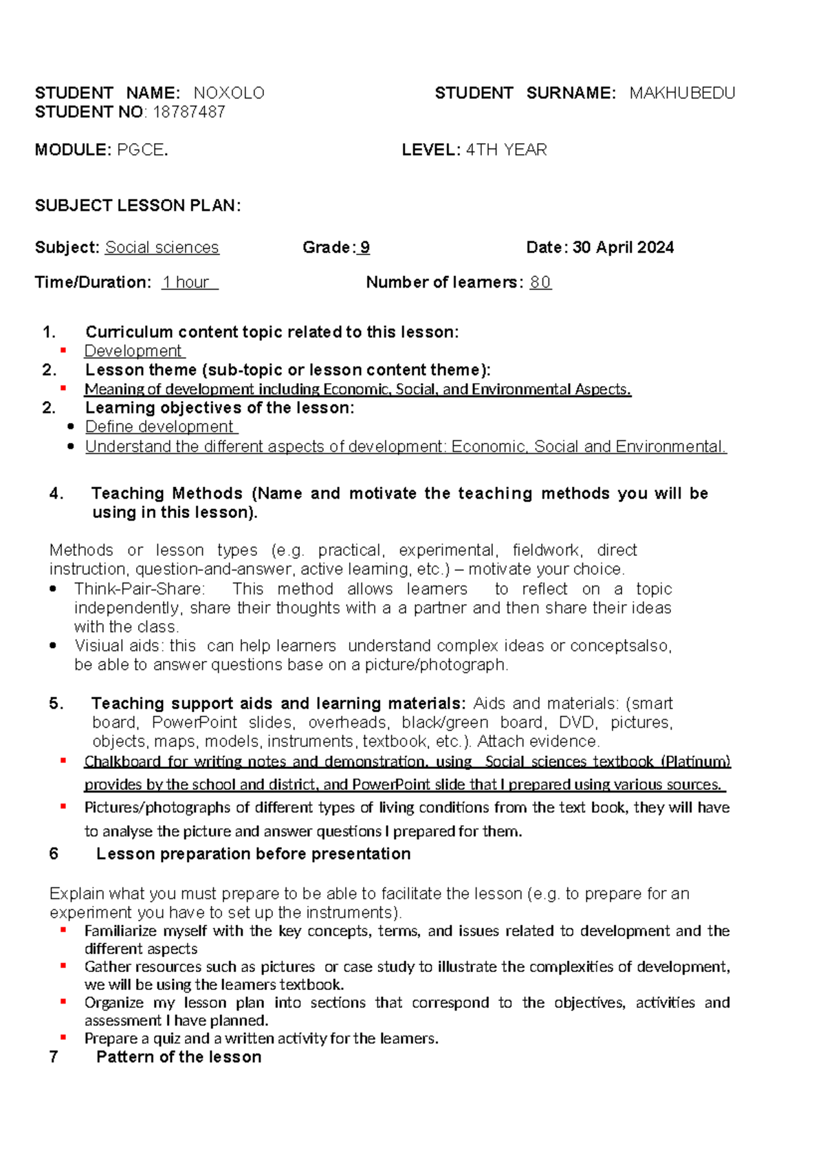Lesson PLAN Development - STUDENT NAME: NOXOLO STUDENT SURNAME ...