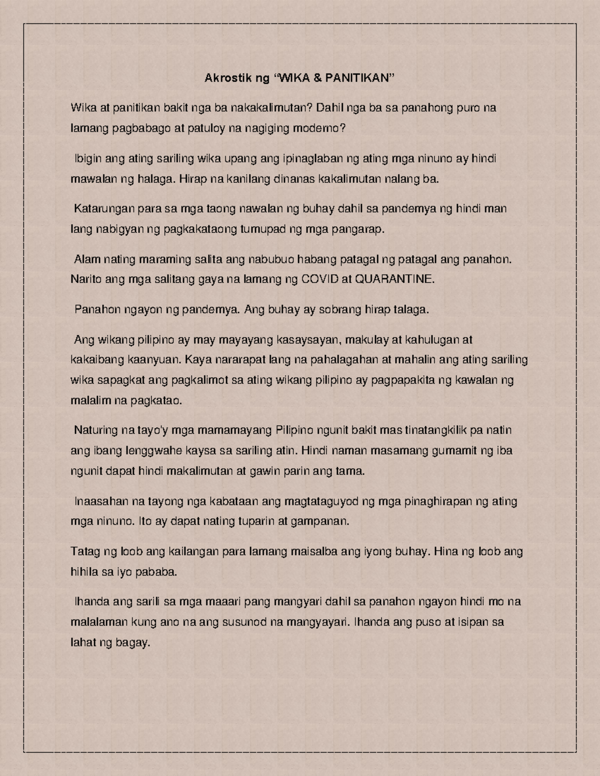 Wika Saysay AG2 Mariano - Akrostik ng “WIKA & PANITIKAN” Wika at ...