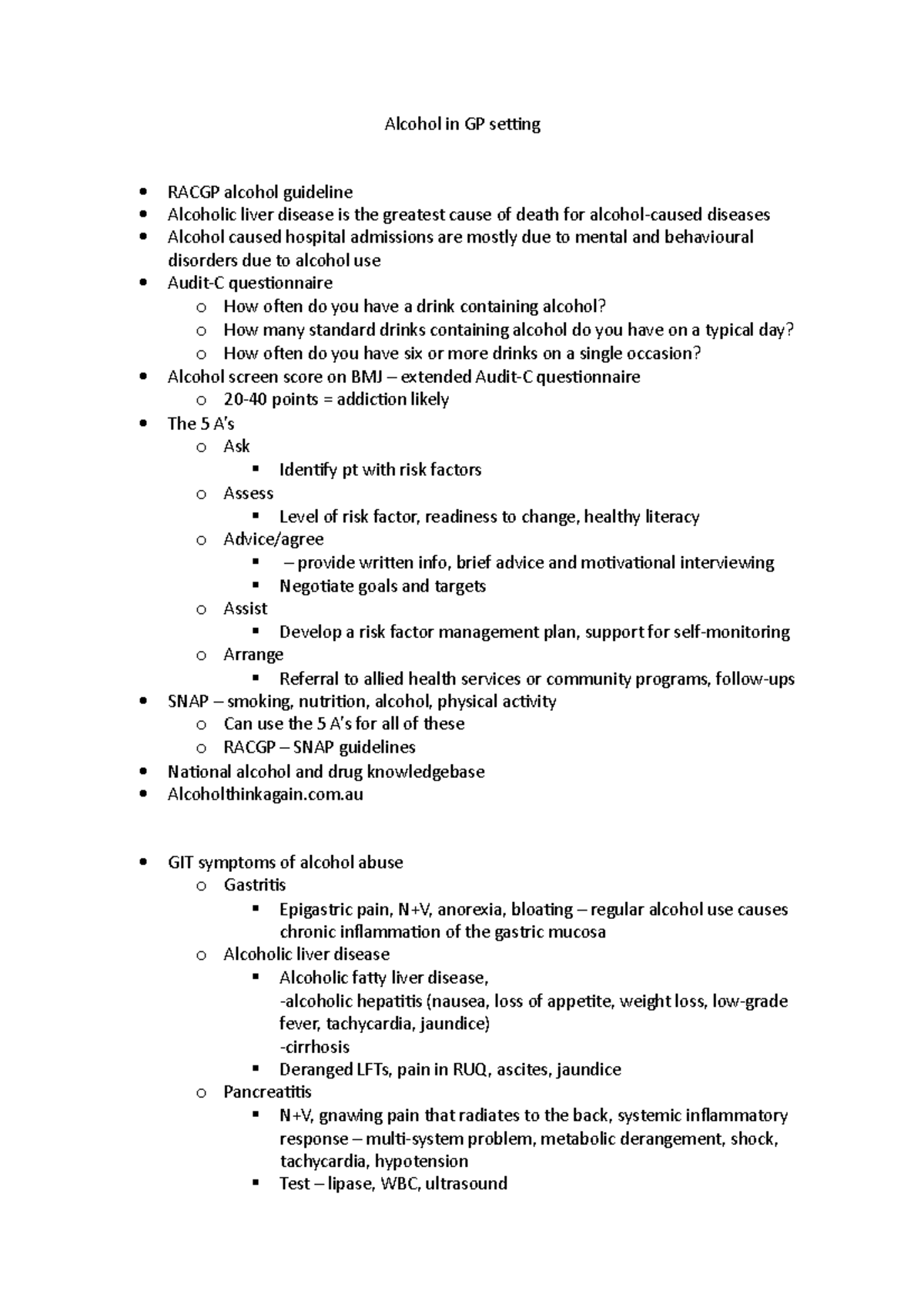 Alcohol in GP setting - com GIT symptoms of alcohol abuse o Gastritis ...