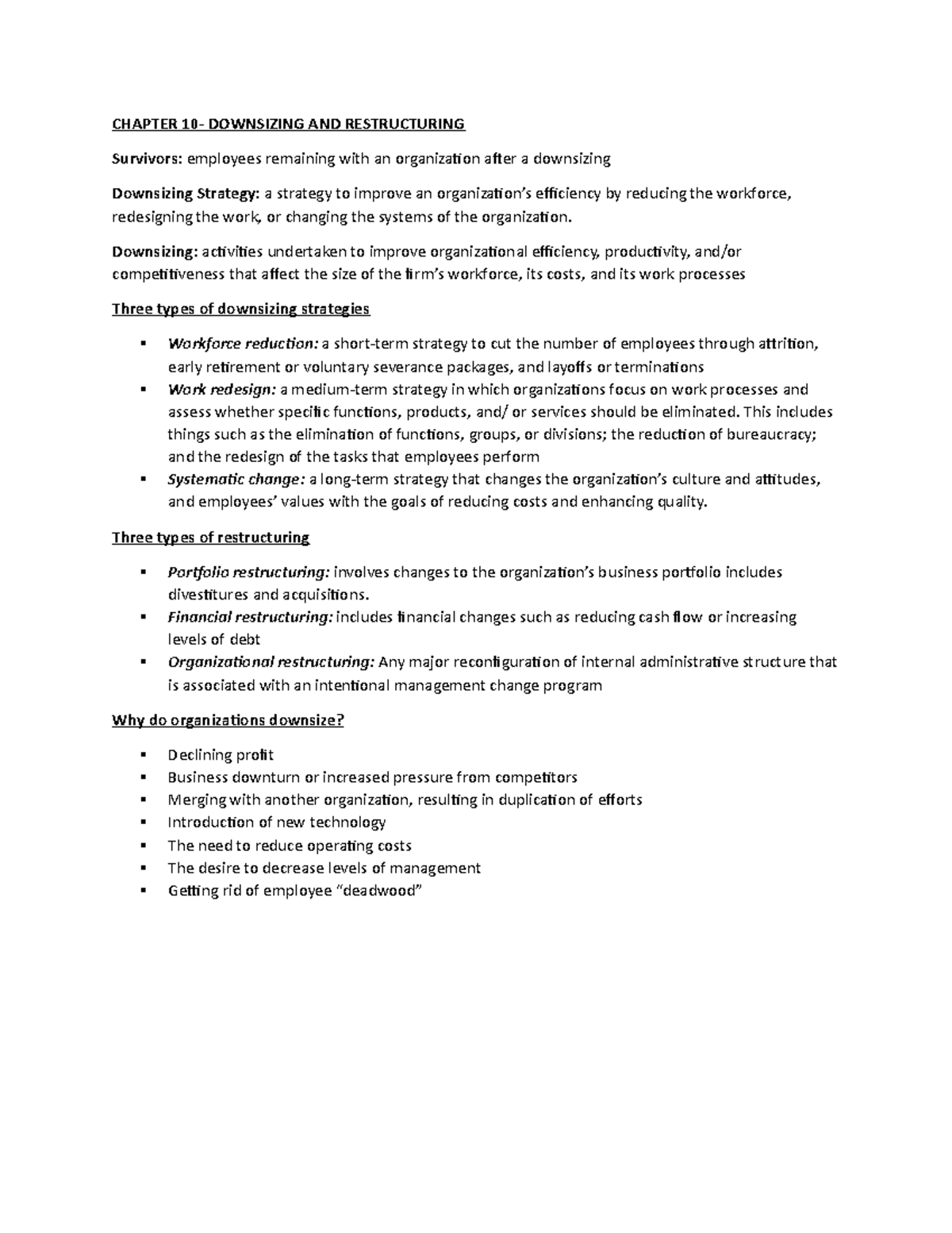 Chapter 10 MHR849- Downsizing and Restructuring - CHAPTER 10- DOWNSIZING AND RESTRUCTURING - Studocu