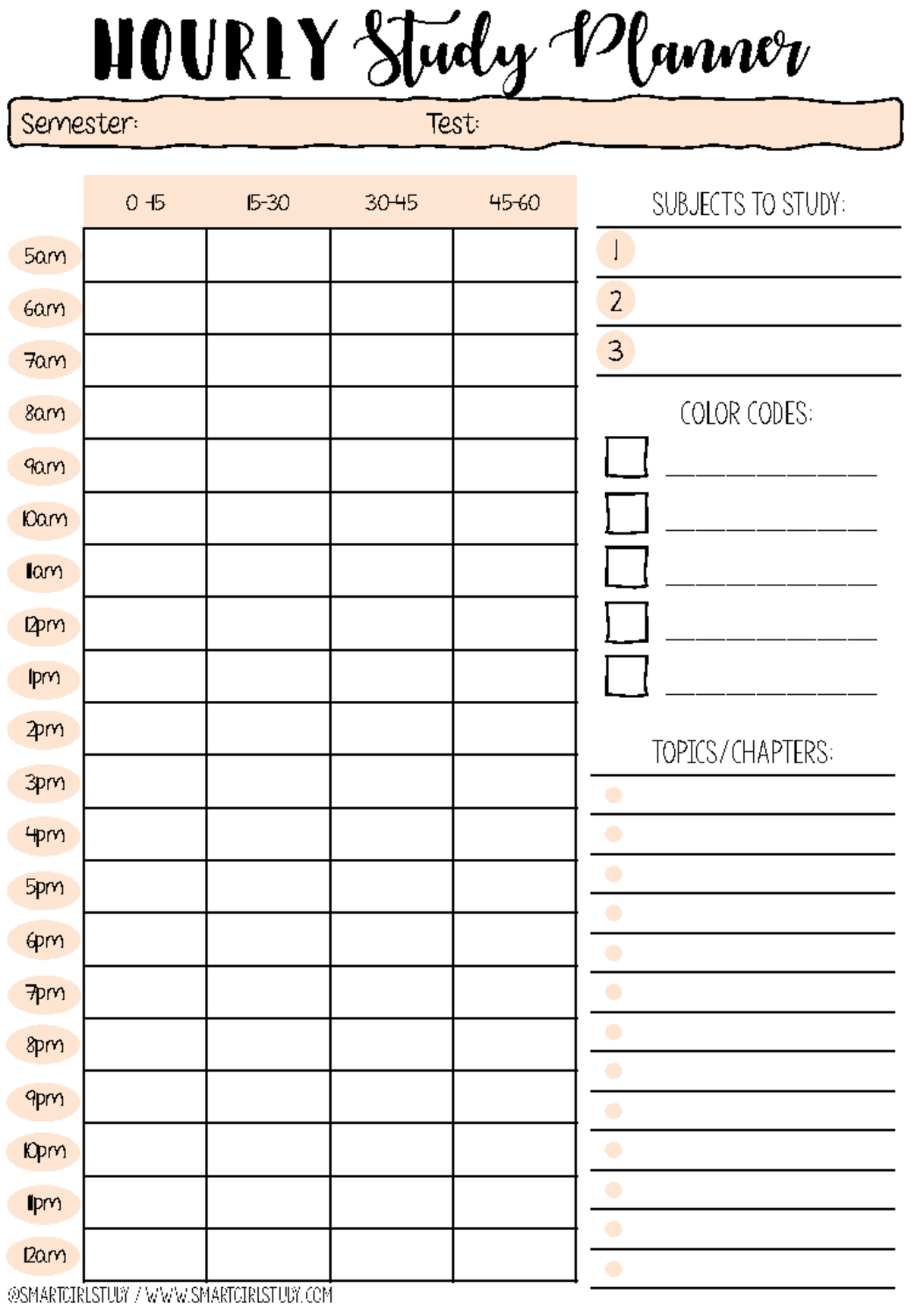 Hourly Study Planner (1)-1 - 0 - 15 15 - 30 30 - 45 45 - 60 5am 6am 7am ...