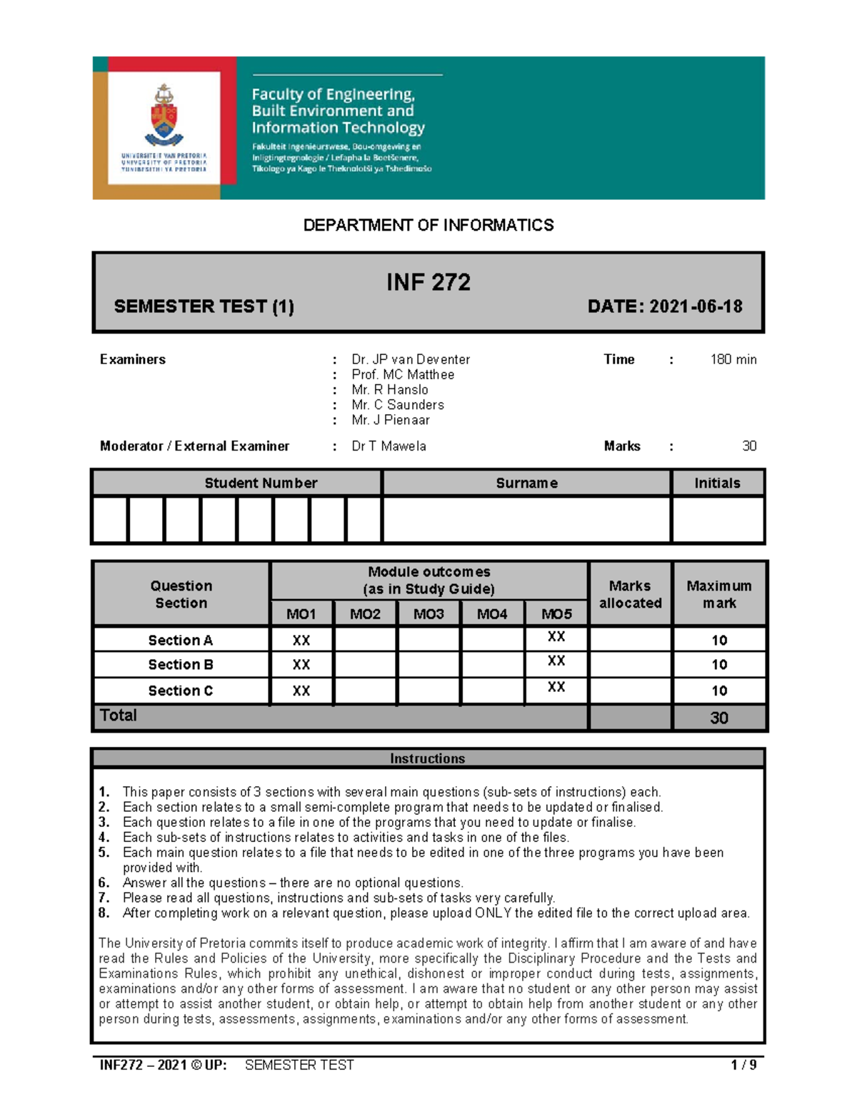 INF 272 - Semester Test 1 - DEPARTMENT OF INFORMATICS INF 272 SEMESTER ...