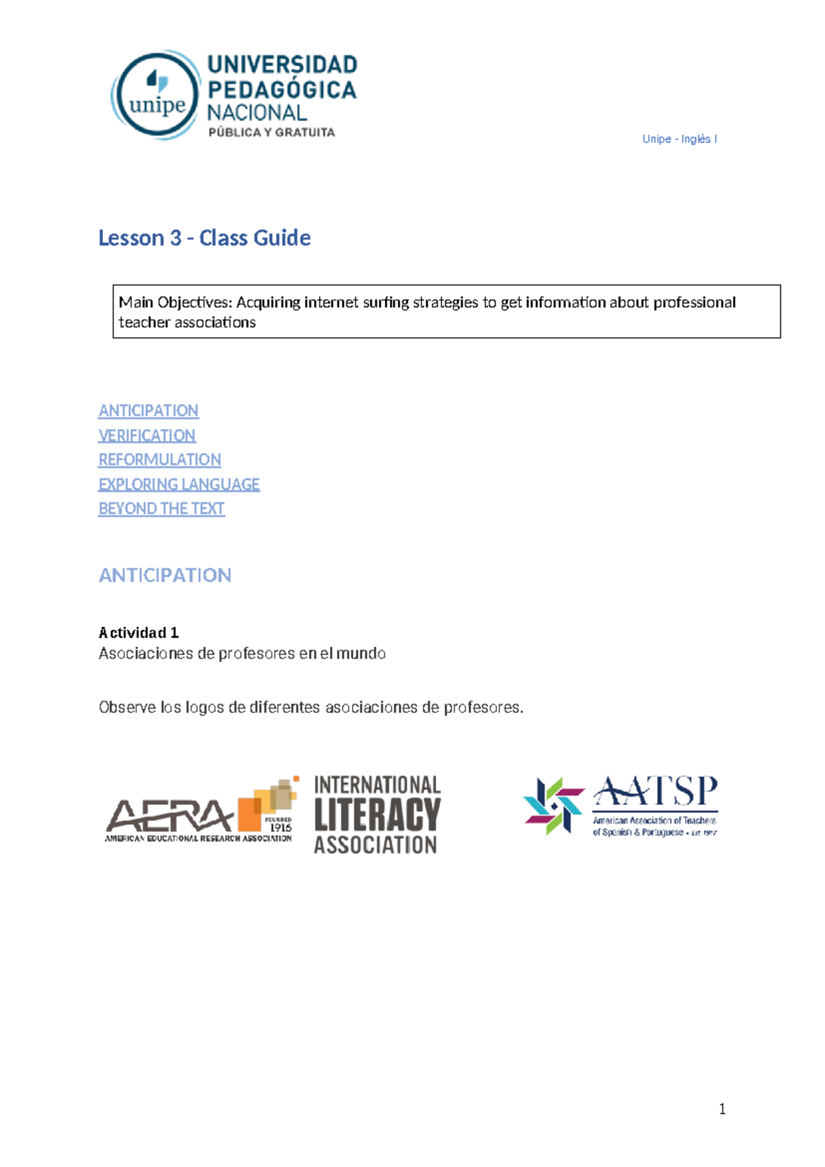 All Document Reader 1714514710724 - Lesson 3 - Class Guide Main Objectives: Acquiring internet ...