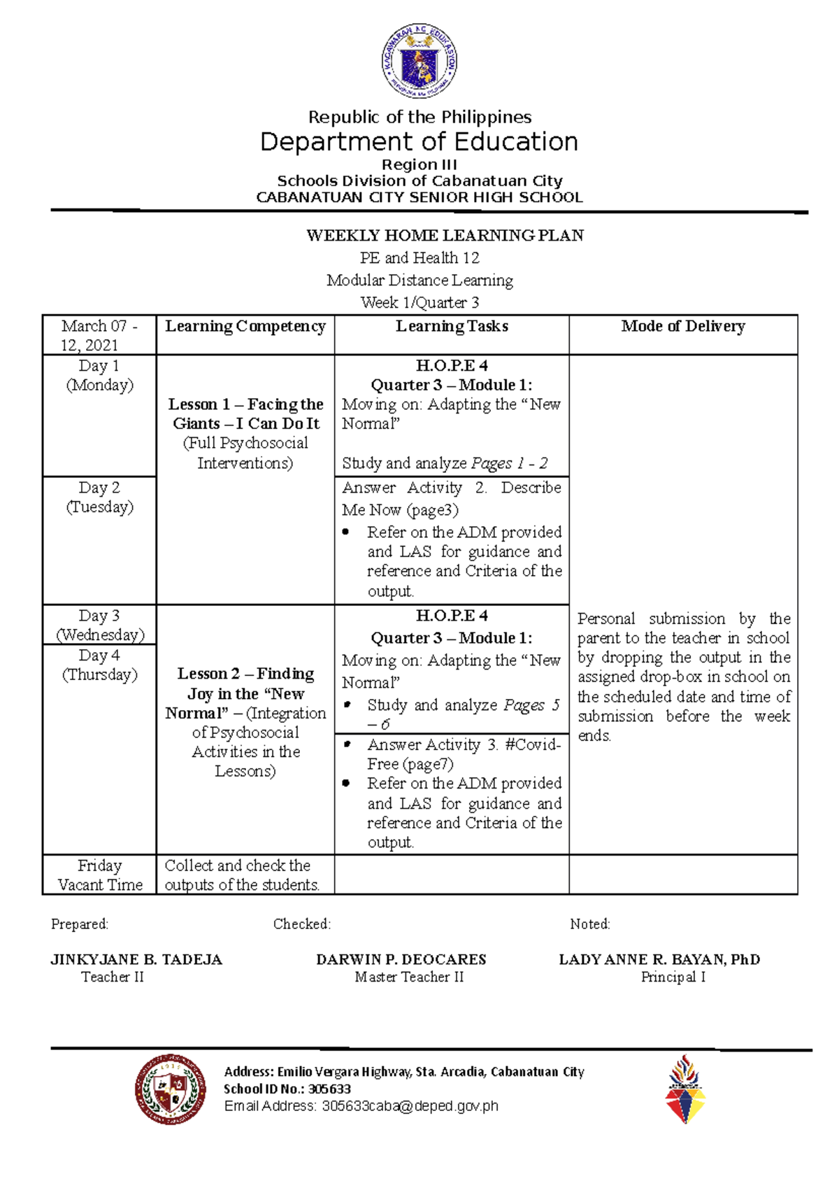 LAS PE-and-Health 12 Q3-Week 1 E - Bachelor of Secondary Education ...