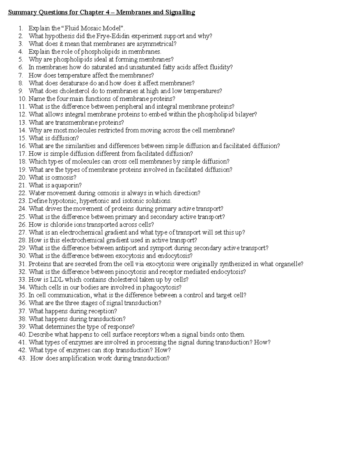 Summary for Chapter 4 - Summary Questions for Chapter 4 – Membranes and ...