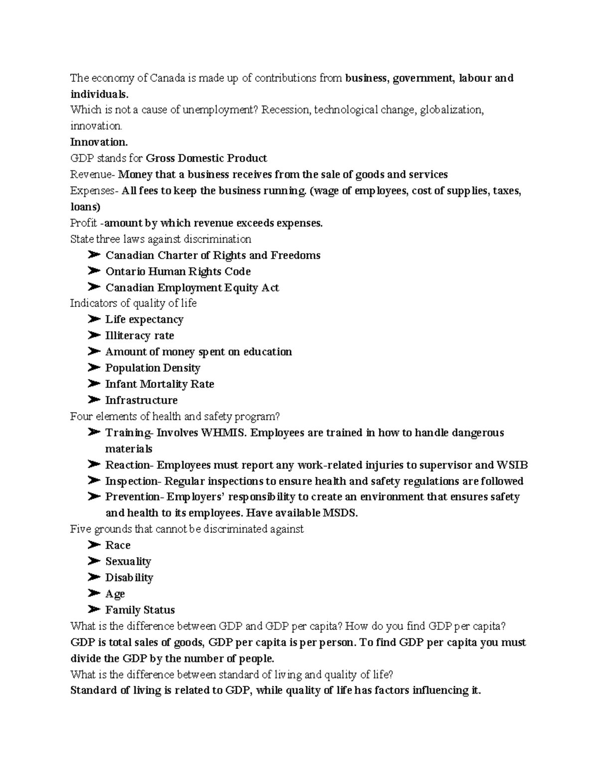 Notes- Chapter 3 - The economy of Canada is made up of contributions ...