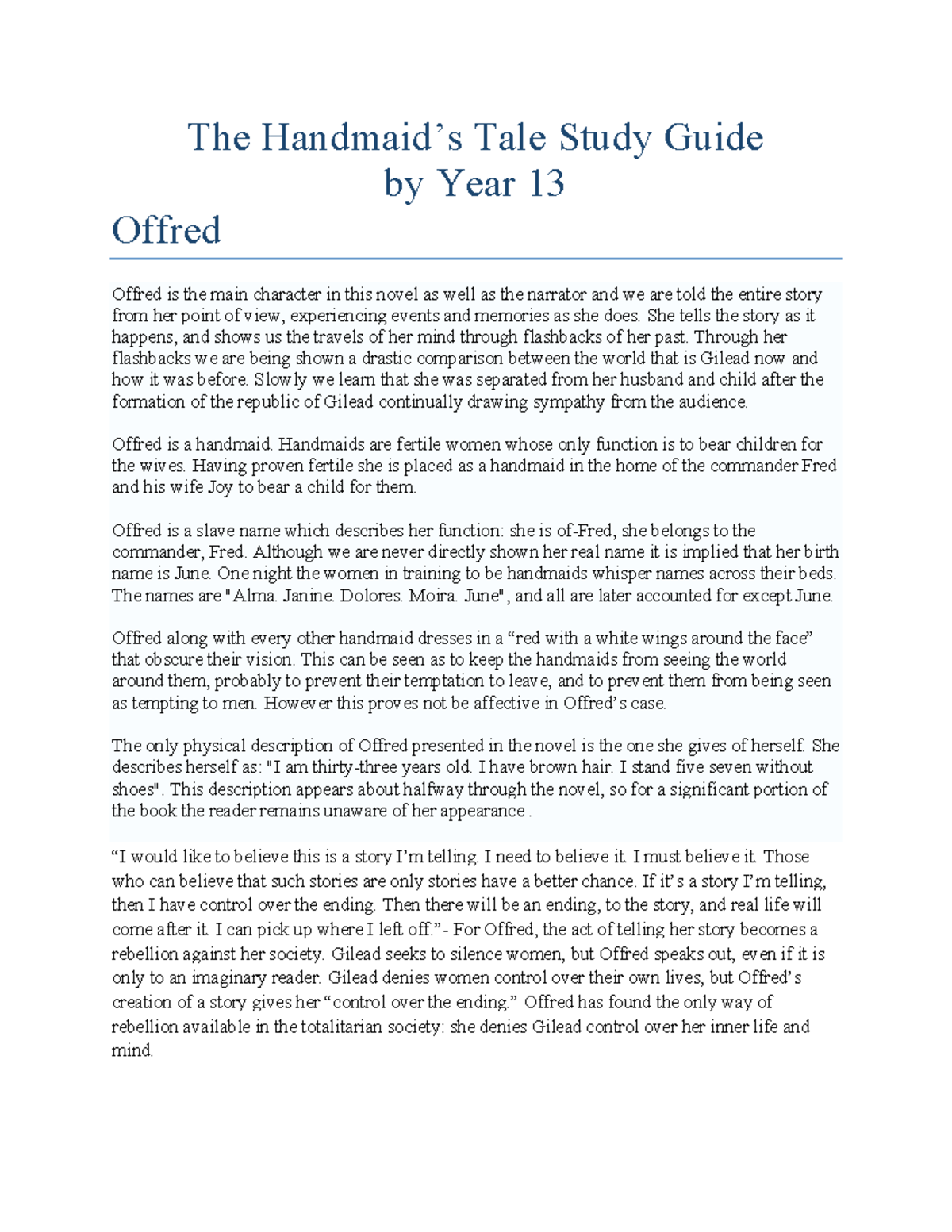 Handmaid's Tale Study Guide - The Handmaid’s Tale Study Guide by Year ...