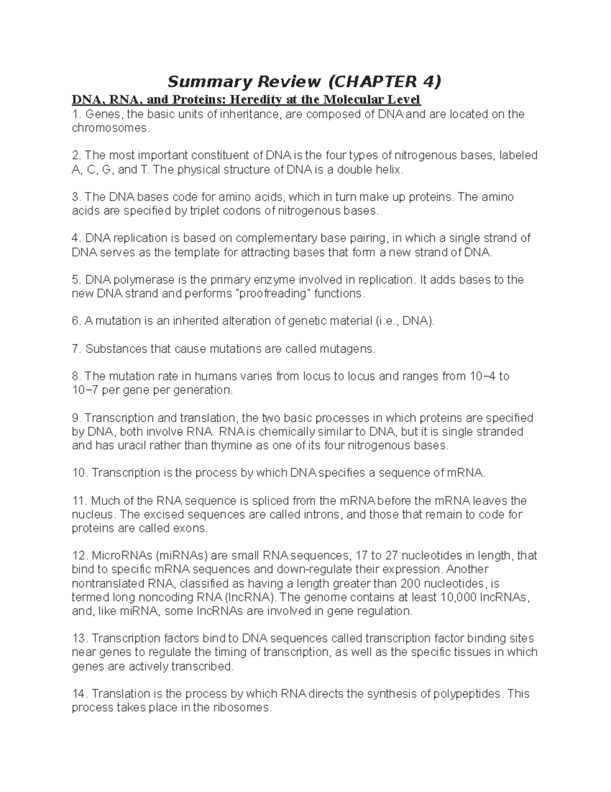 Summary Review WK1 ( Chapter 4) - Summary Review (CHAPTER 4) DNA, RNA ...
