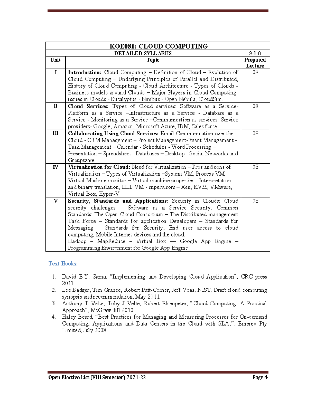 Syllabus Cloud Computing KOE081 - Open Elective List (VIII Semester) 2021-22 Page 4 KOE081 ...