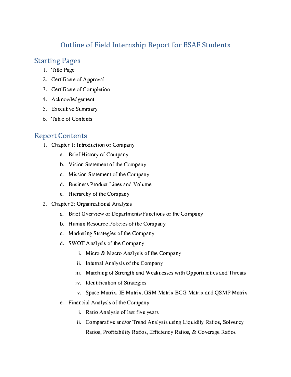 File 6.1 BBA and BSAF Internship Report Outline - Outline of Field ...