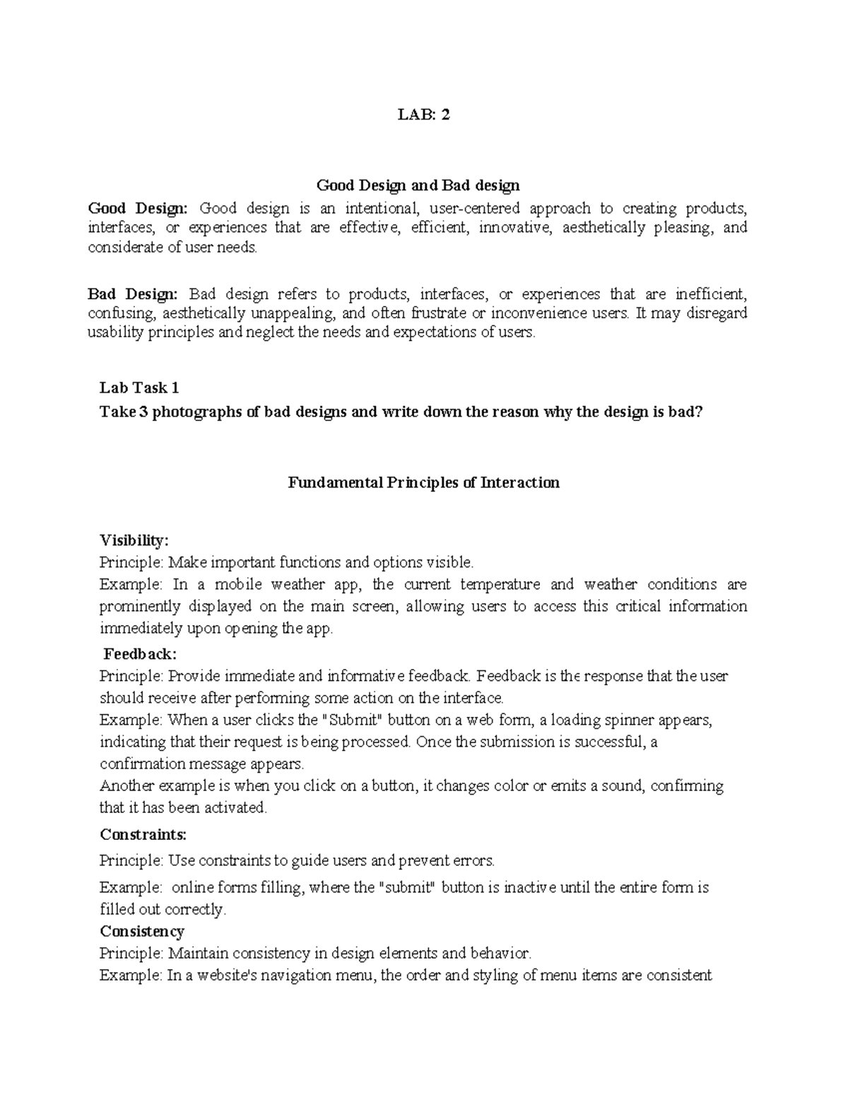 Lab 2 - hci lab - LAB: 2 Good Design and Bad design Good Design: Good ...