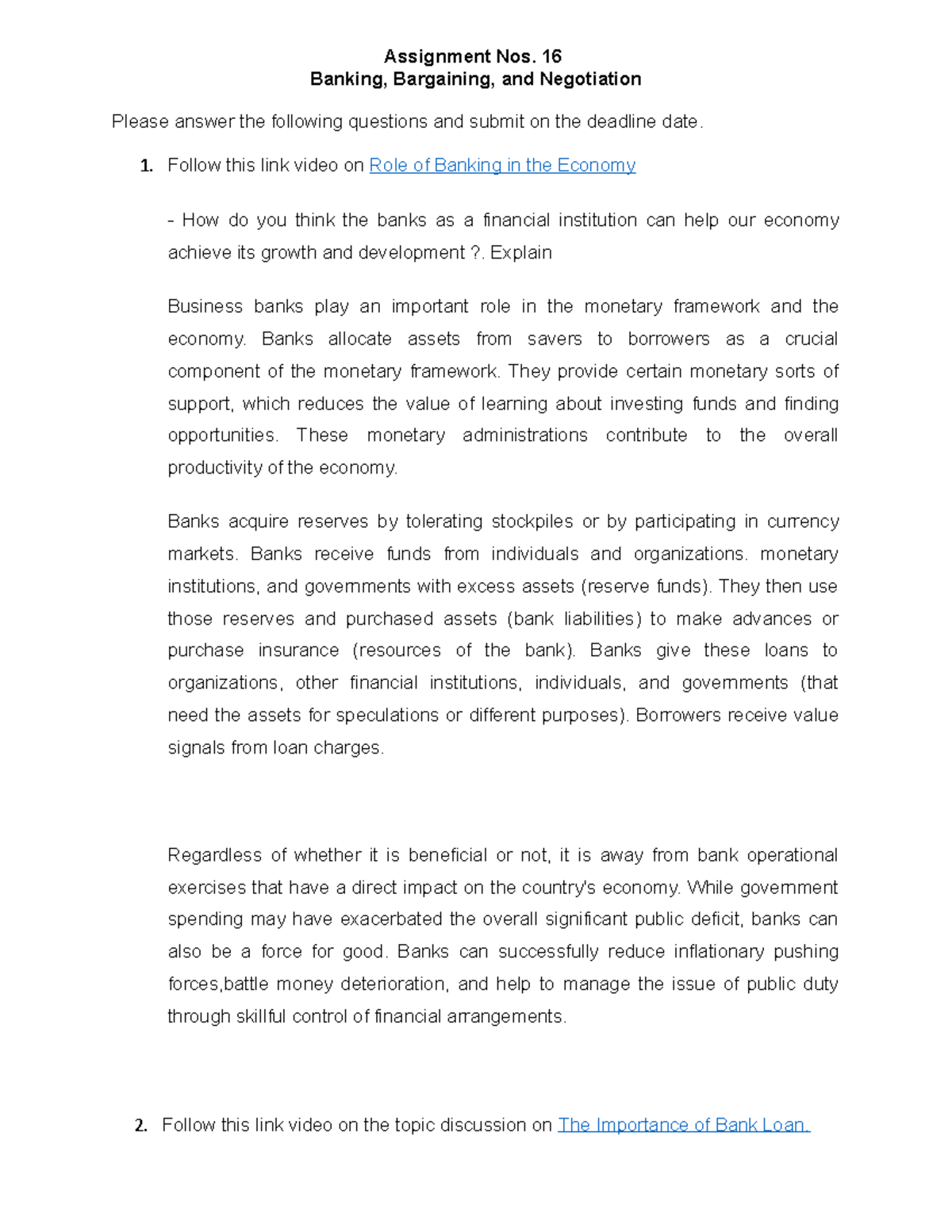 Assignment Nos. 16 Banking, Bargaining, and Negotiation - Assignment ...