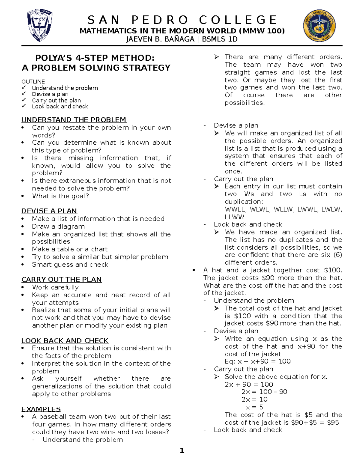 Polya 4-STEP Method - S A N P E D R O C O L L E G E MATHEMATICS IN THE ...