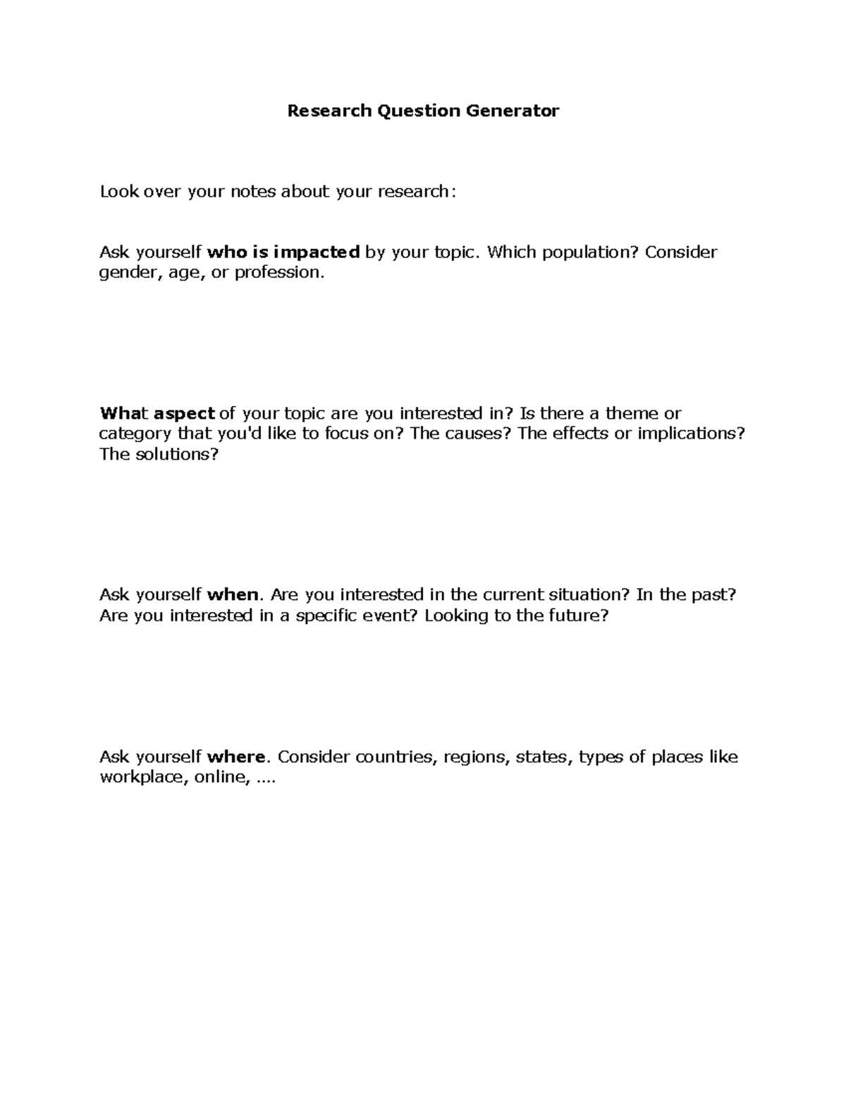 Research Question Generator - Which population? Consider gender, age ...