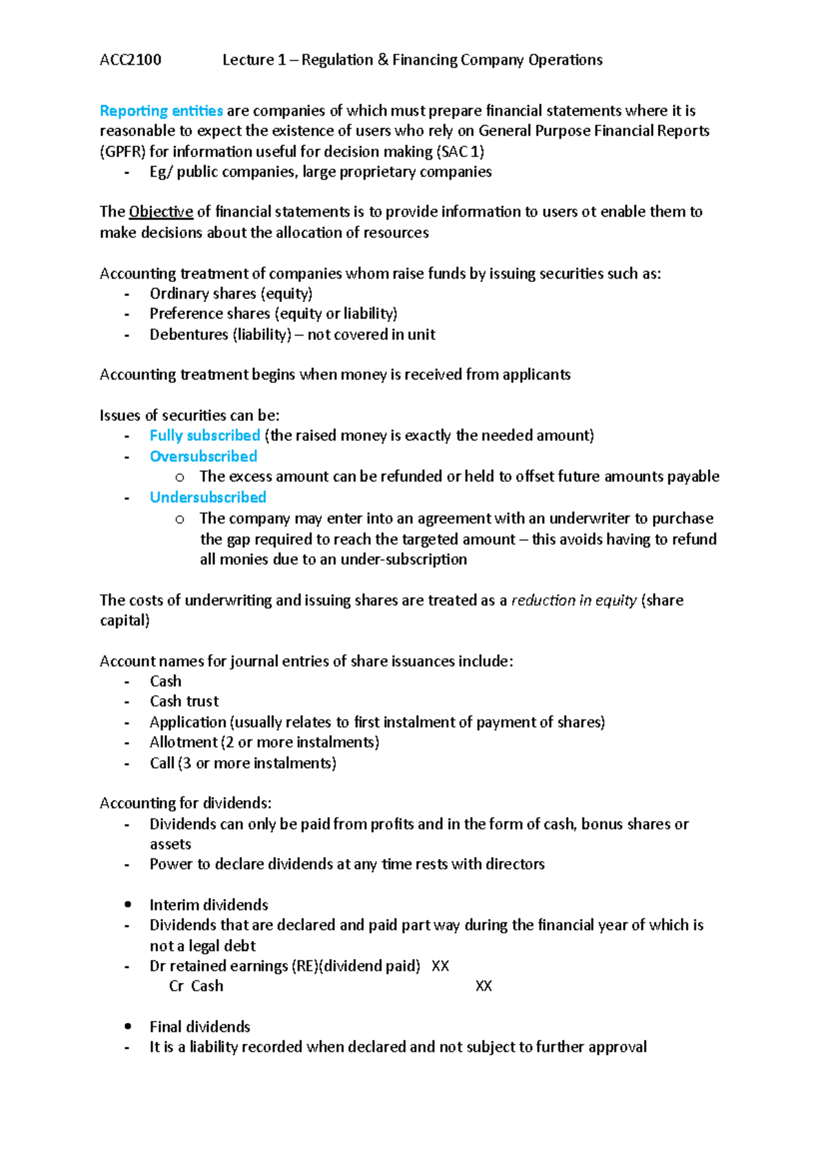 ACC2100 - Lecture 1 - Regulation Financing Company Operations - ACC2100 ...