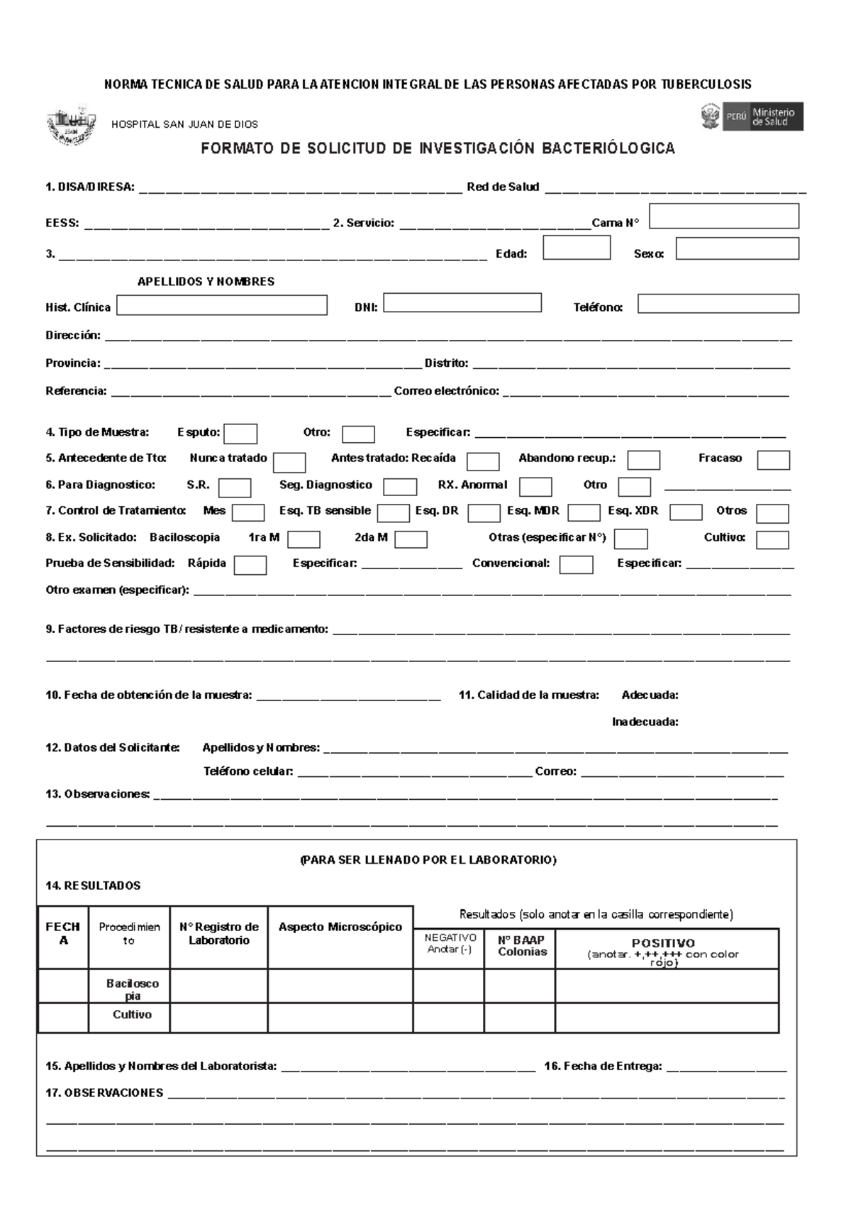 Formato de solicitud de investigacion bacteriologica - NORMA TECNICA DE SALUD PARA LA ATENCION ...