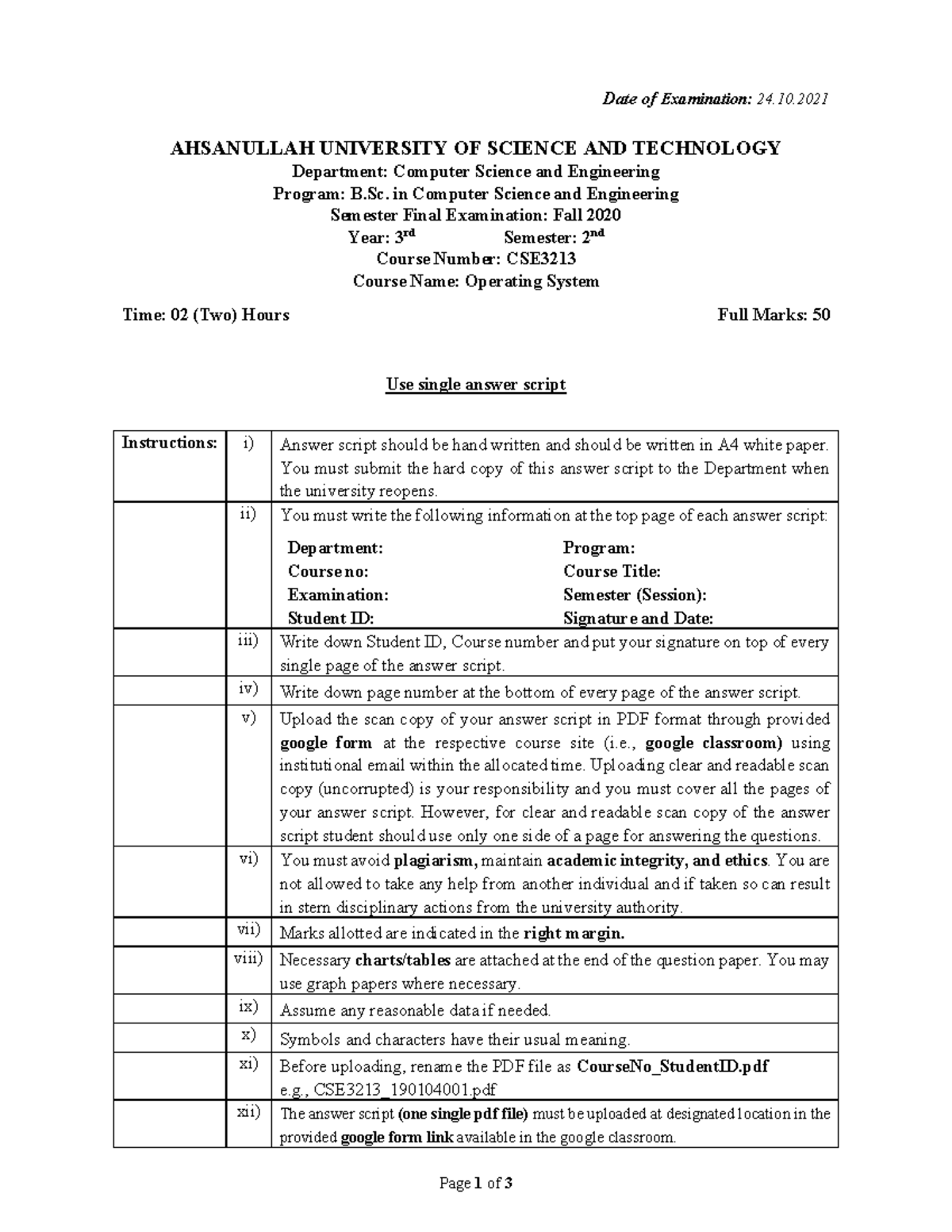 CSE3213 OS Fall 2020 - course for read - Page 1 of 3 AHSANULLAH ...