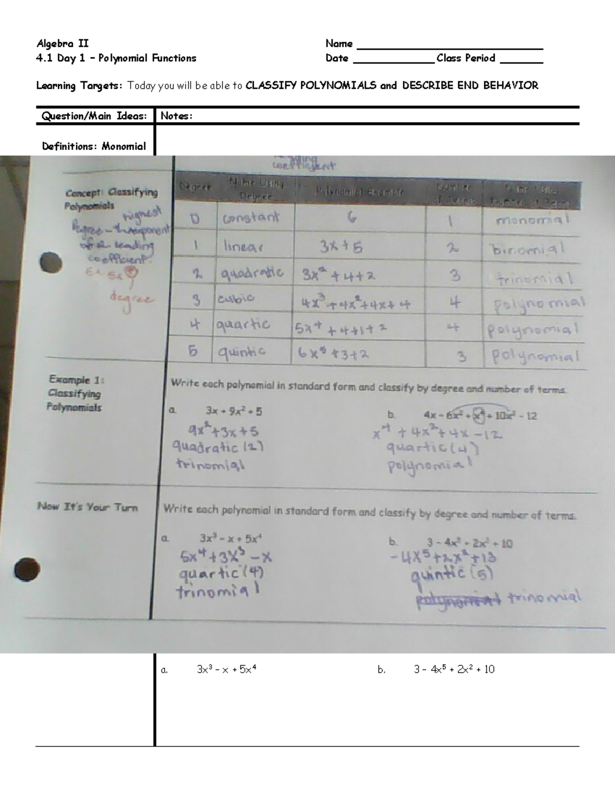 Rhea-Lee Thompson - Classify Polynomials Cornell Notes - Best notes of ...