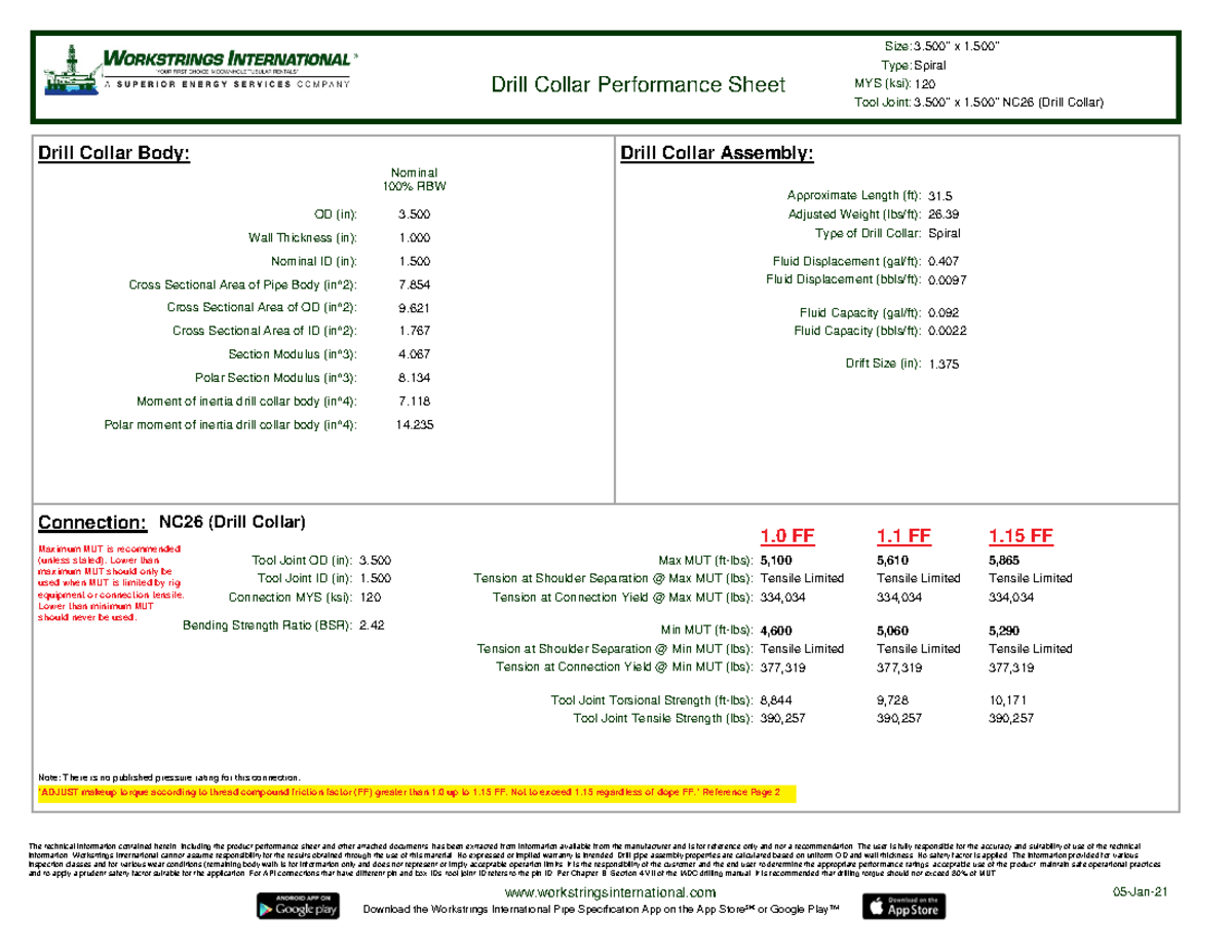 3.5 OD, Conexión NC26 - psi - Performance Sheet Drill Collar ####### 3'' x 1''3'' x 1'' NC26 ...