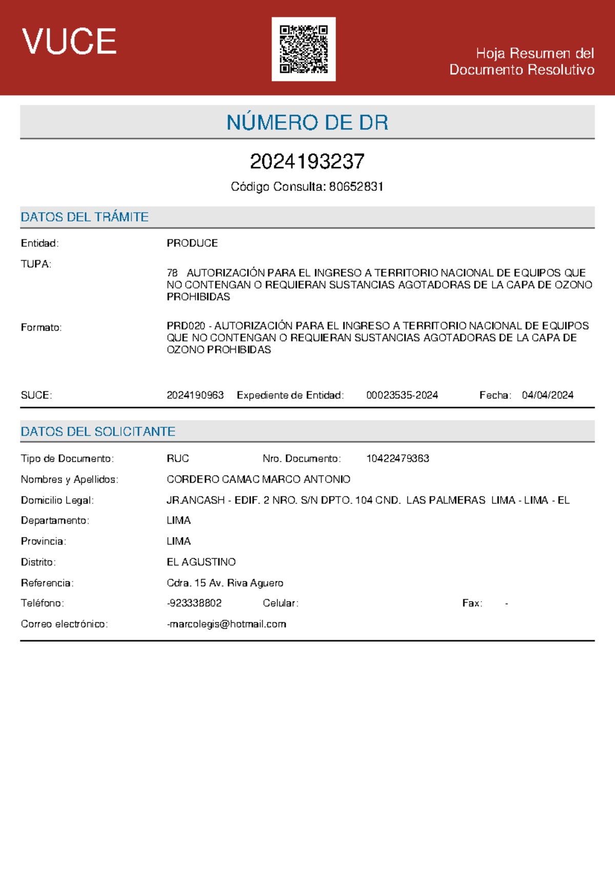 VUCE Hoja Resumen DR 2024193237 - VUCE Hoja Resumen del Documento ...
