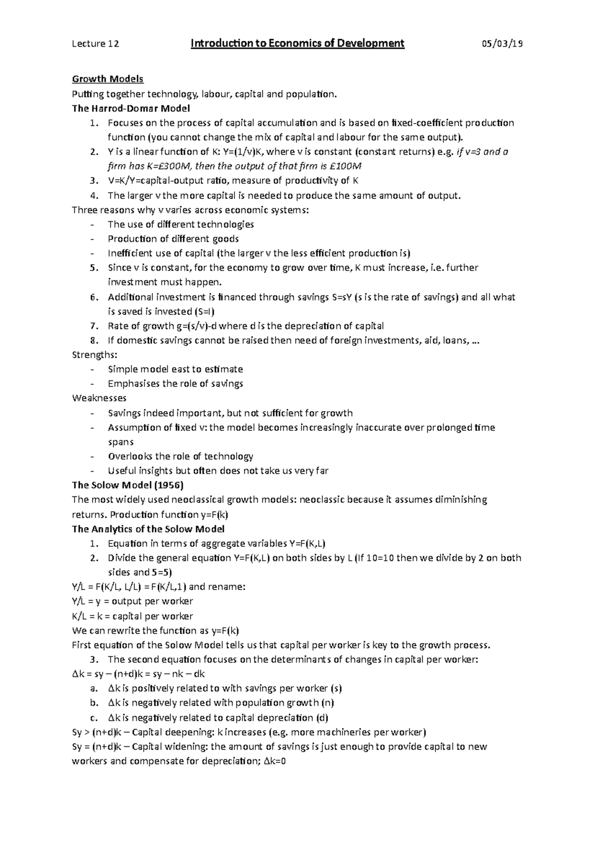 Lecture 12 - Growth Models - Lecture 12 Introduction to Economics of ...